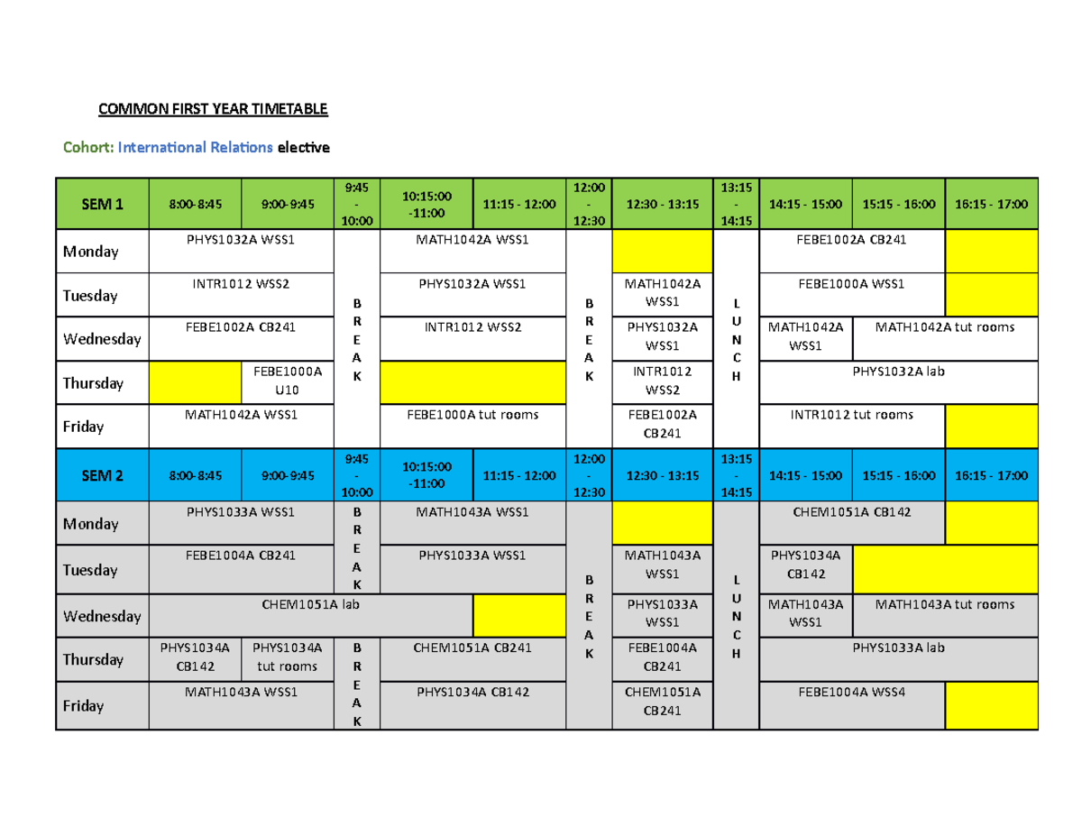 Engineering -2021 - COMMON FIRST YEAR TIMETABLE Cohort: International ...