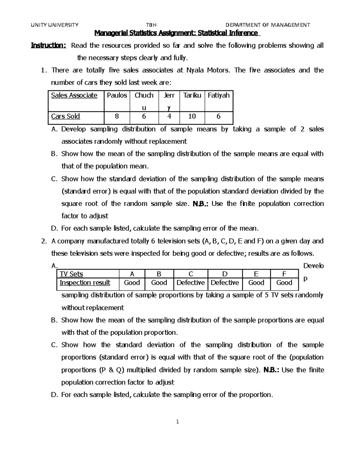 Statistical Inference Assignment - Managerial Statistics Assignment: Statistical Inference - Studocu
