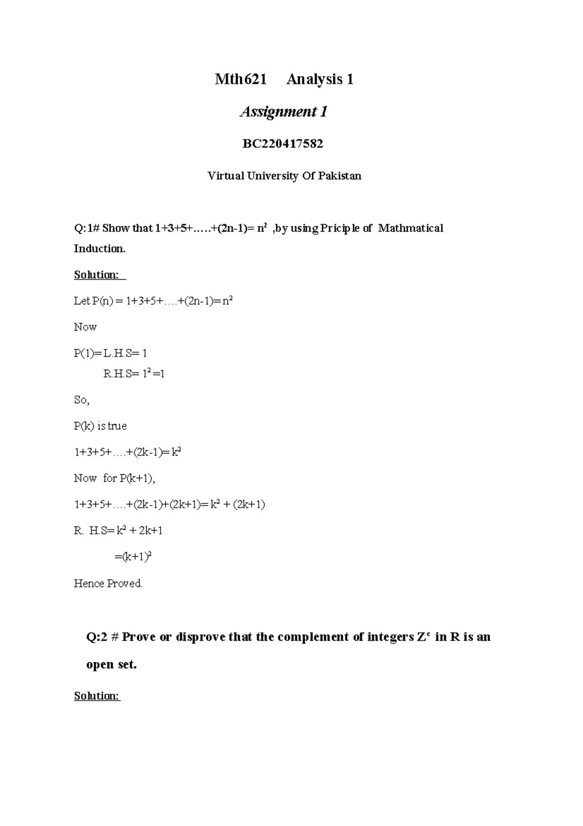 Mth621 Analysis 1 2n 1 N 2 by Using Priciple Of Mathmatical