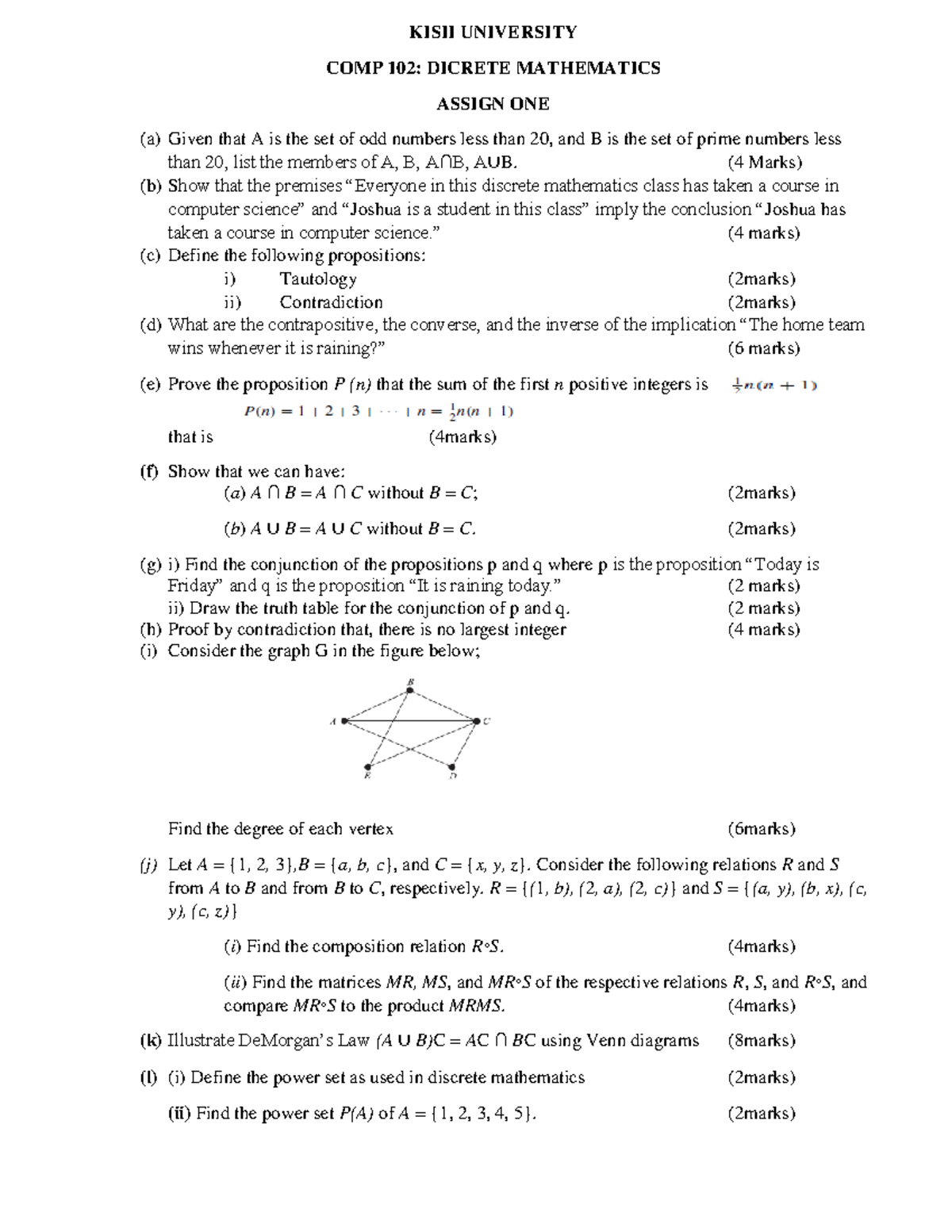 COMP 102 Discrete Maths Assign ONE - KISII UNIVERSITY COMP 102: DICRETE MATHEMATICS ASSIGN ONE ...