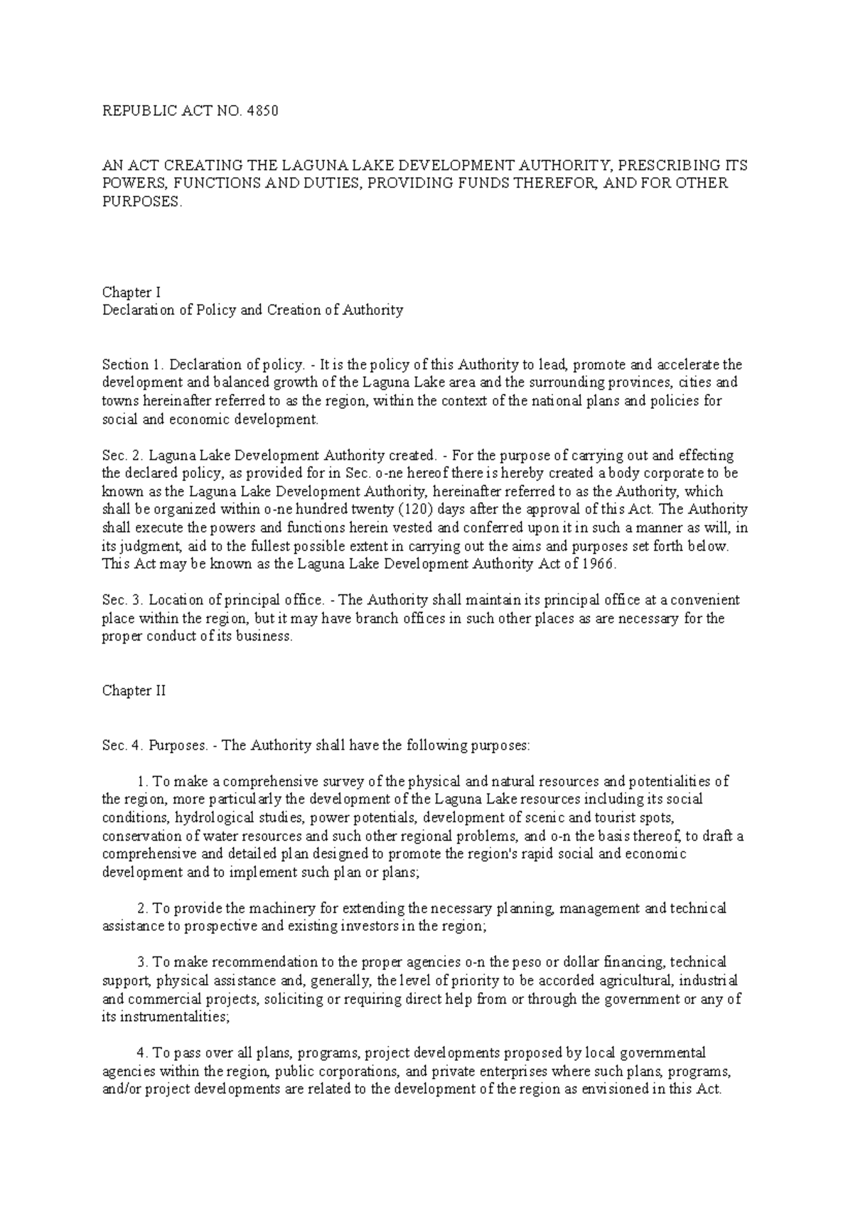 Laguna lake development - REPUBLIC ACT NO. 4850 AN ACT CREATING THE ...