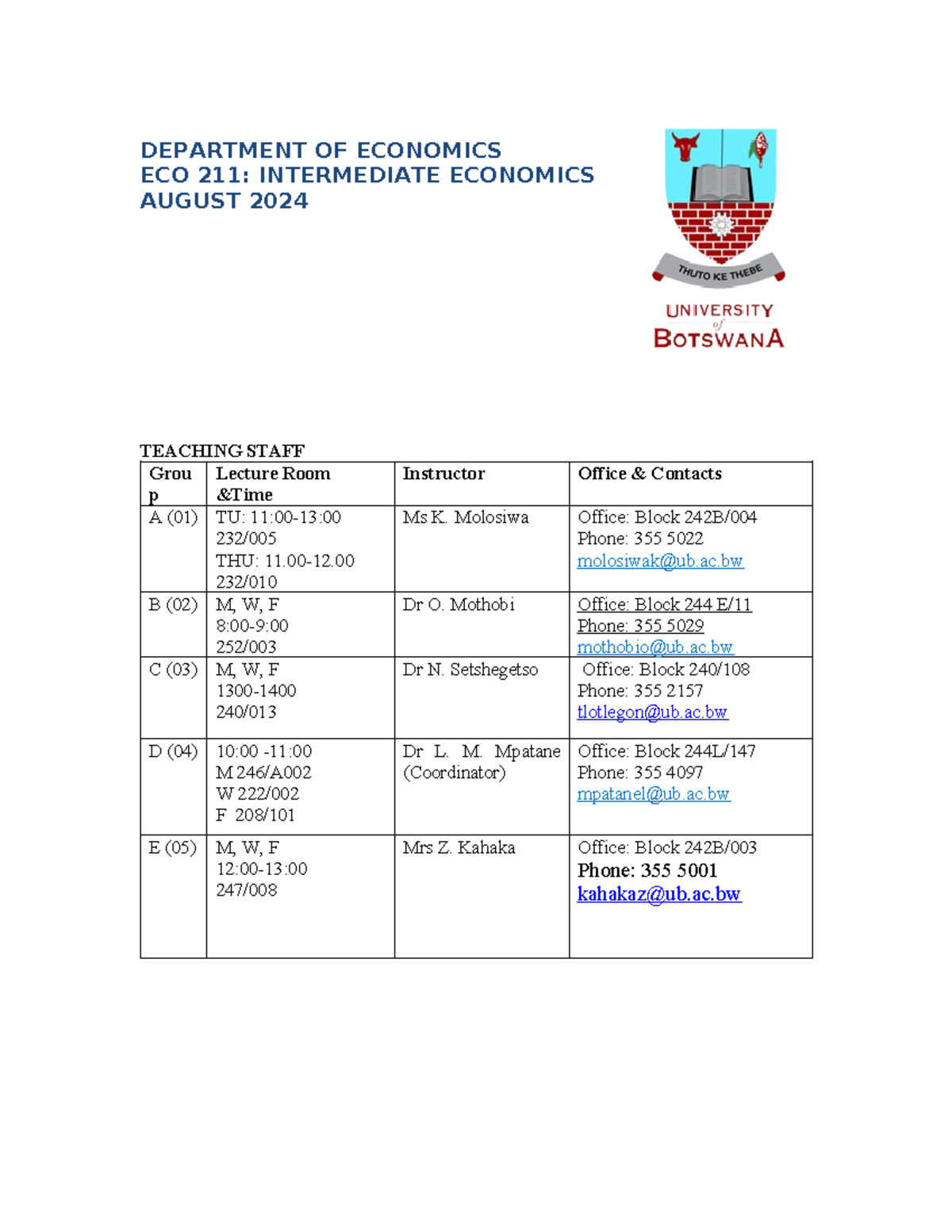 Course Outline - ECO 211 2024 - DEPARTMENT OF ECONOMICS ECO 211 ...