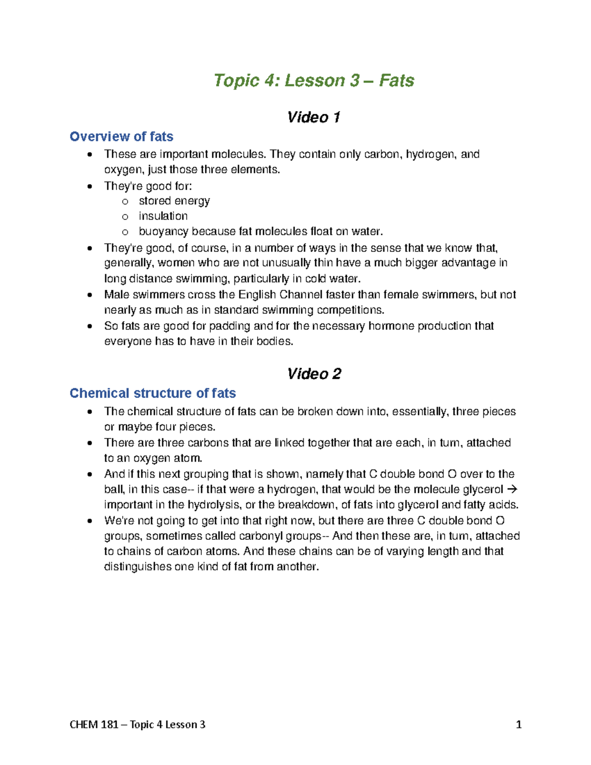 Topic 4 Lesson 3 - dee - Topic 4: Lesson 3 – Fats Video 1 Overview of ...