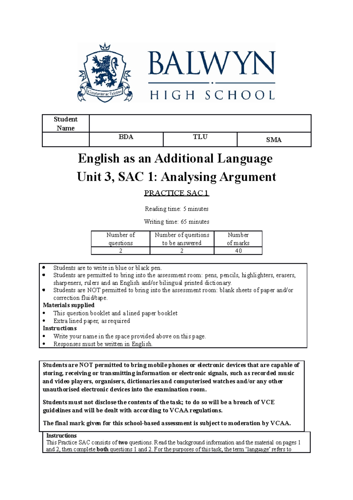 2022 AA Practice SAC EAL Final - Student Name BDA TLU SMA English as an ...