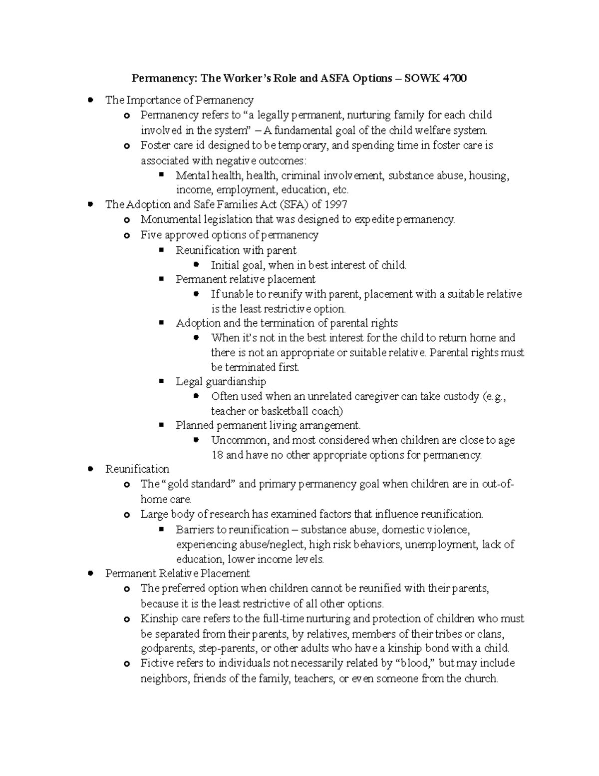 Permanency The Worker’s Role and ASFA Options – SOWK 4700 - o Foster ...