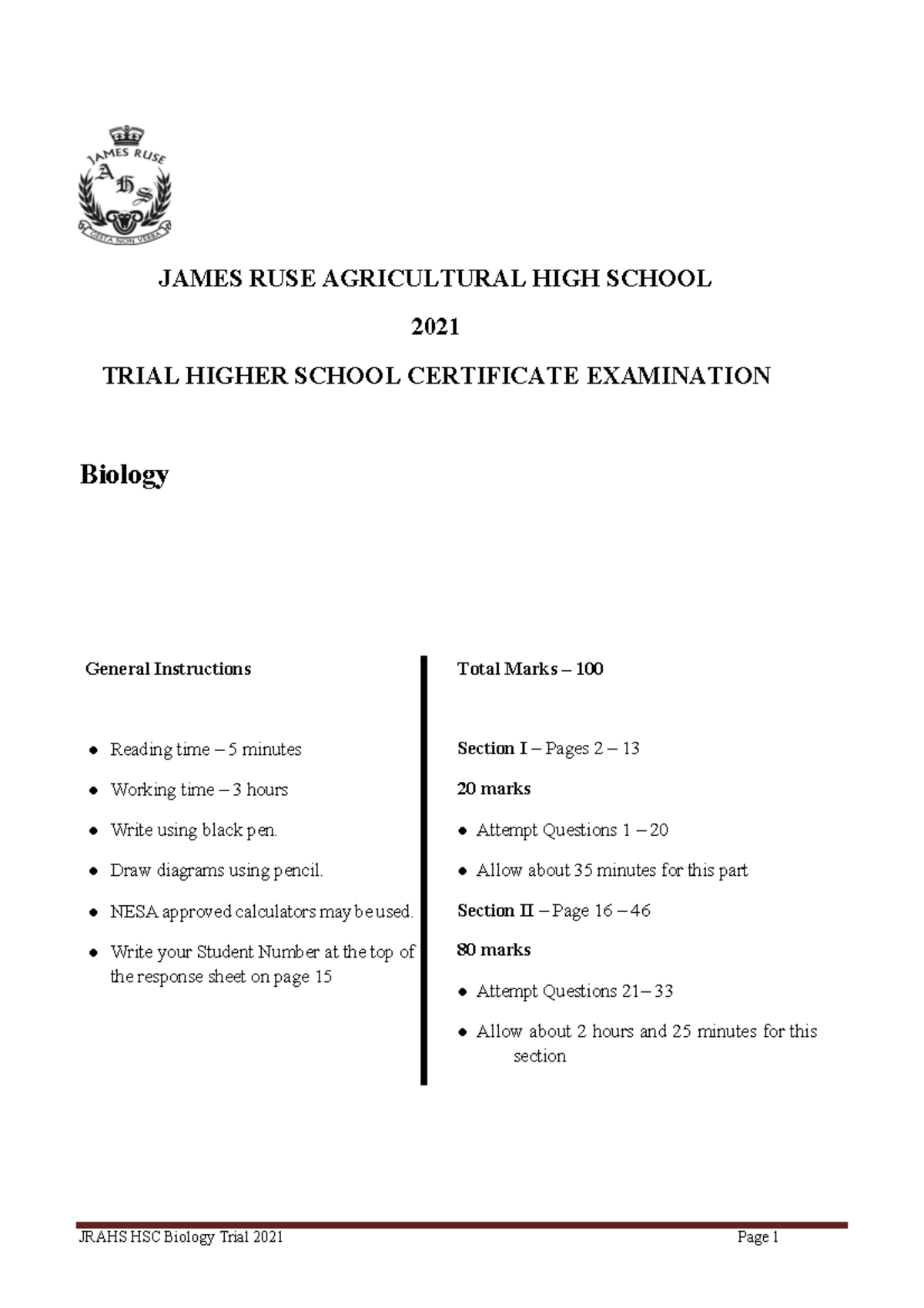 James Ruse 2021 Biology Trials - JAMES RUSE AGRICULTURAL HIGH SCHOOL ...