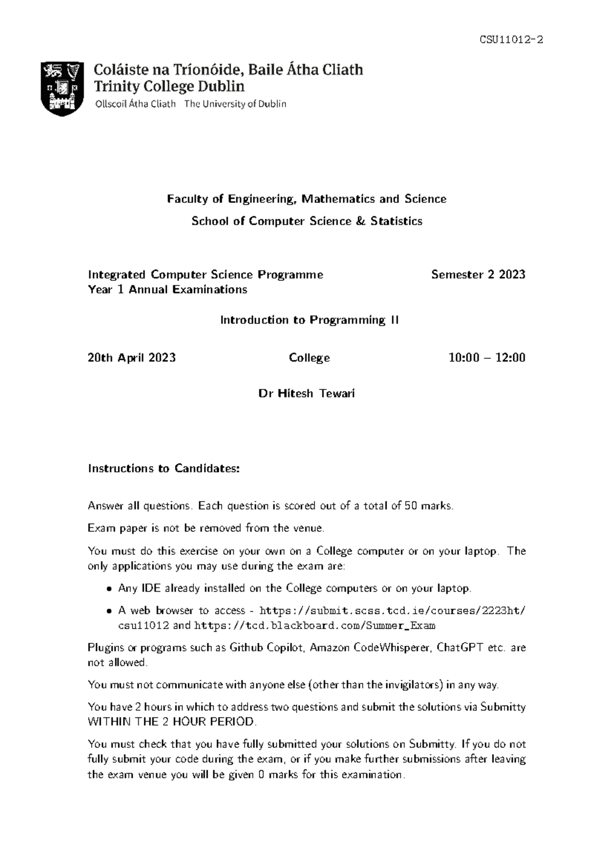 Exam 2022/2023 - Faculty of Engineering, Mathematics and Science School ...