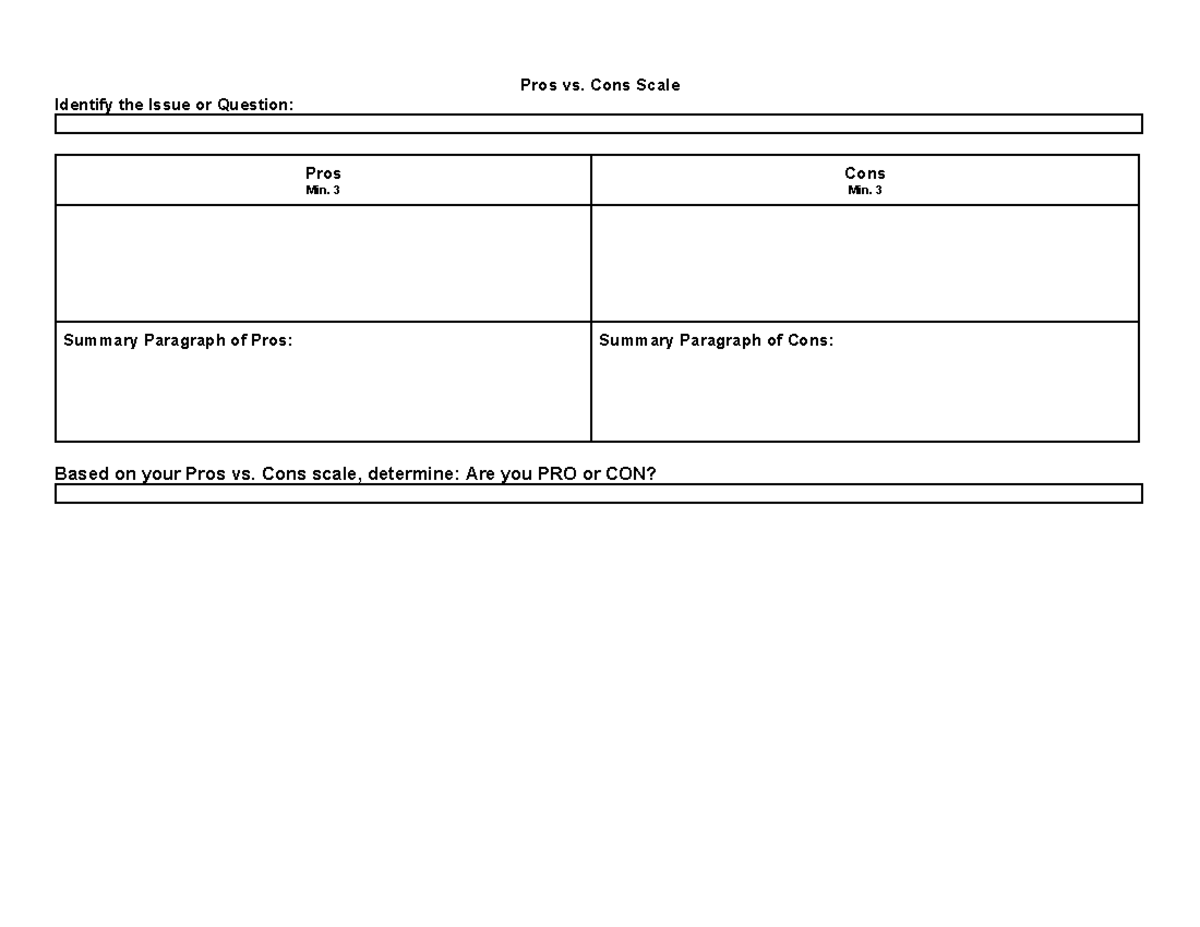 Pros Cons - pros and cons - ELA 200 - Pros vs. Cons Scale Identify the ...