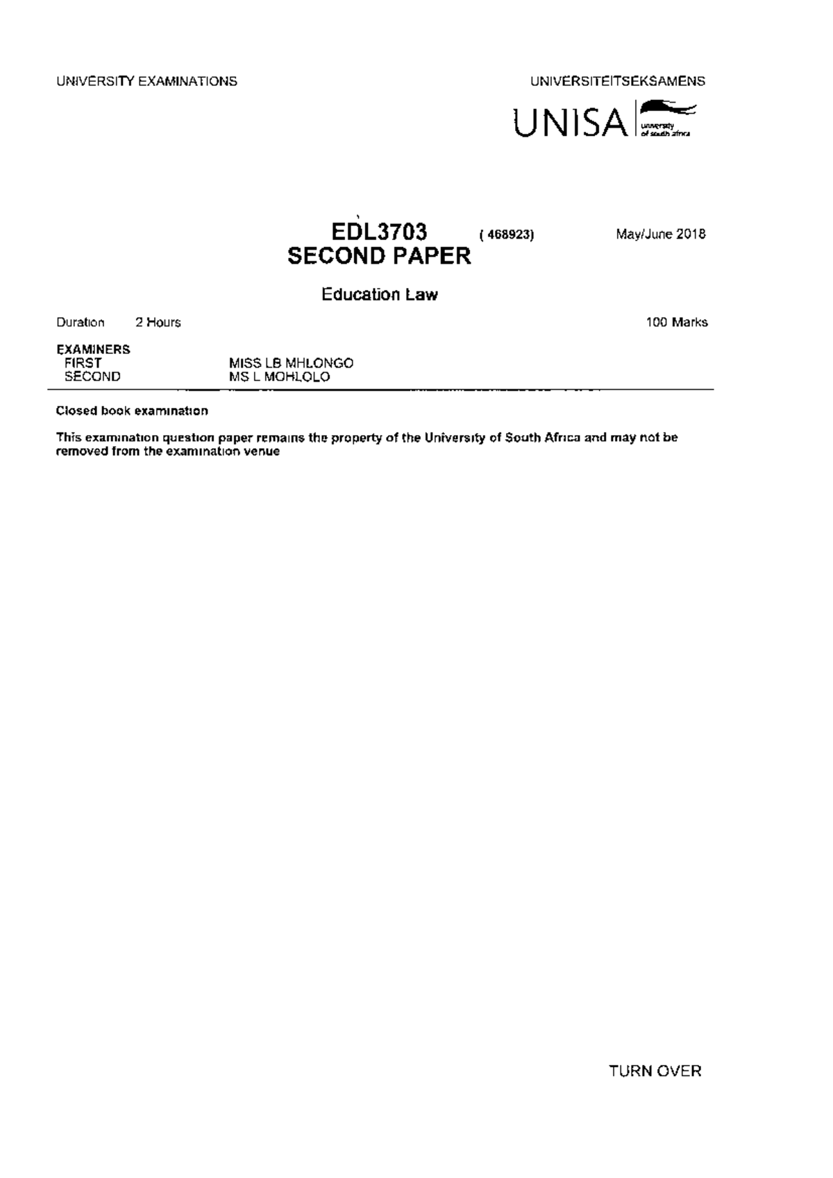 EDL3703 2018 6 E 2 - previous exam - Edl3703 - Studocu