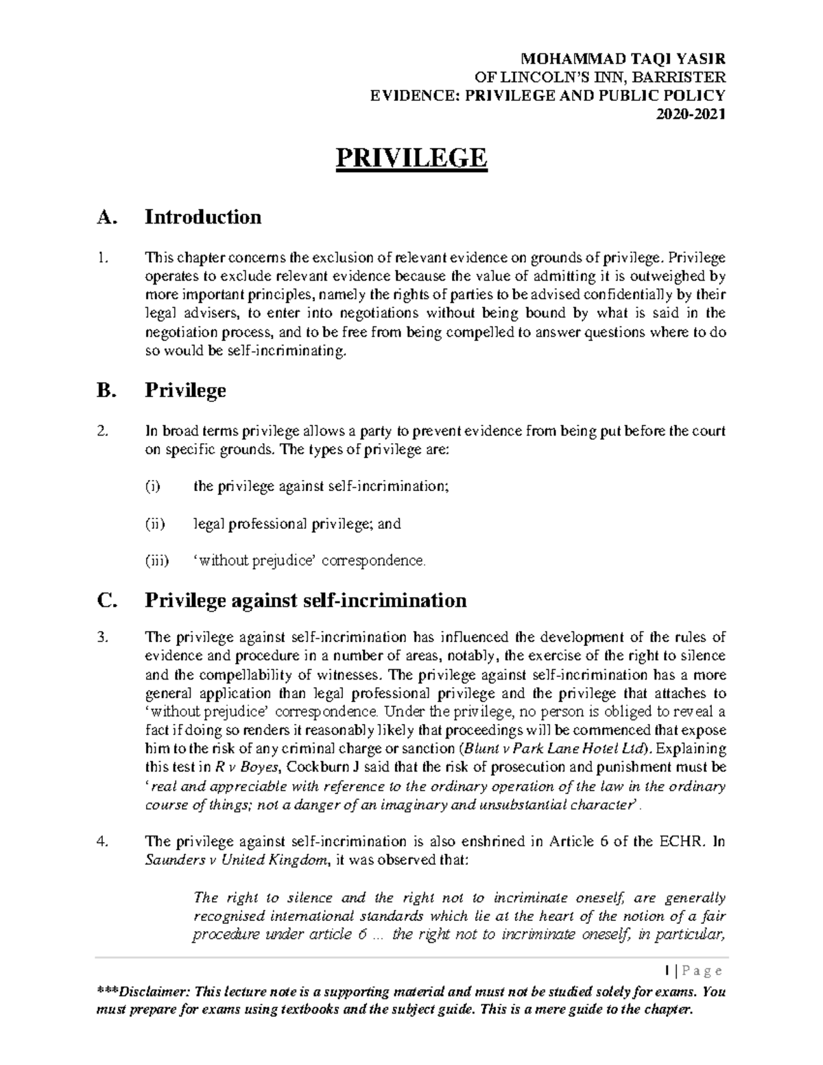 Evidence Privilege 2020-2021 MTY - OF LINCOLN’S INN, BARRISTER EVIDENCE ...