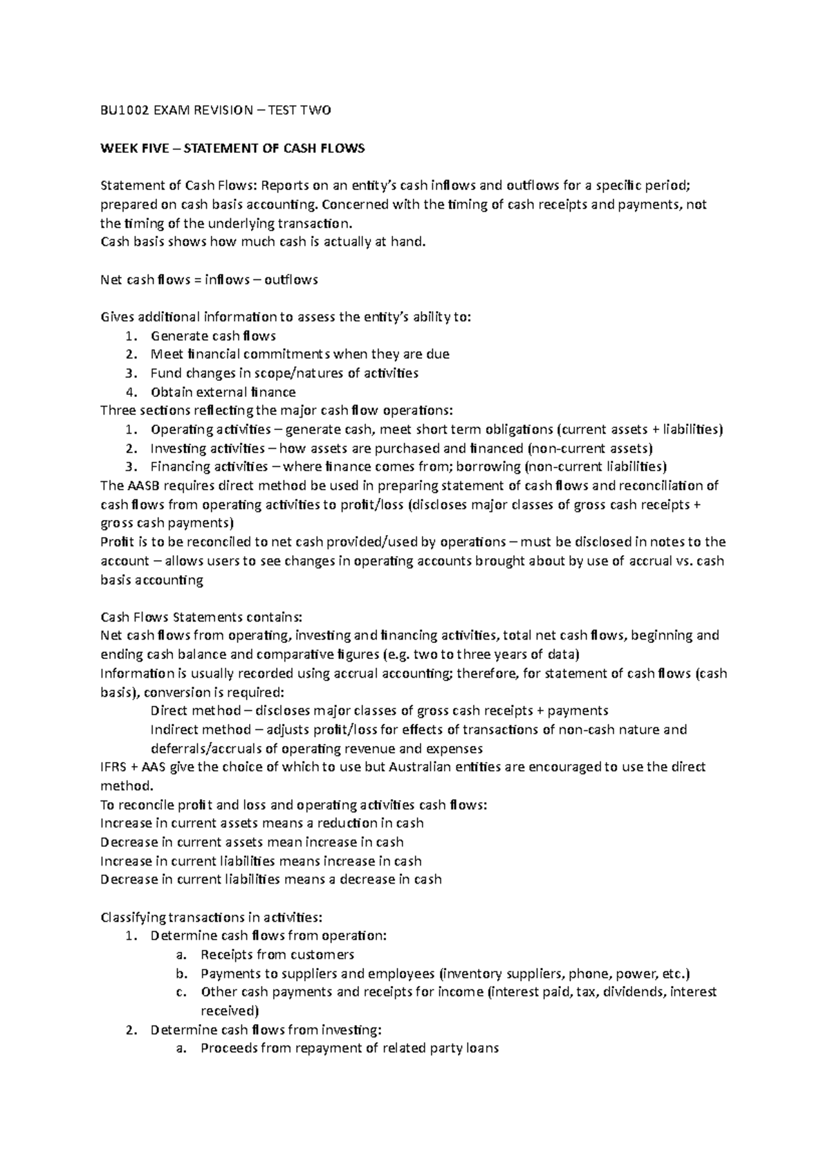 BU1002 Exam Revision: Statement of Cash Flows and Financial Statements ...