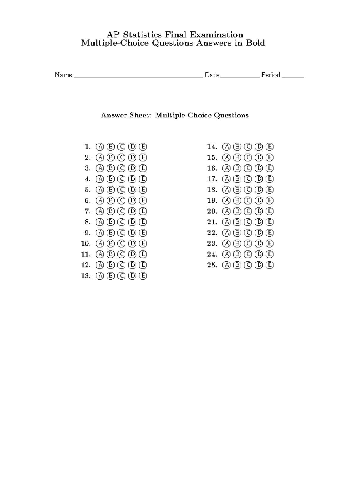 Final s05 MC ANS - AP Statistics Final Examination Multiple-Choice ...