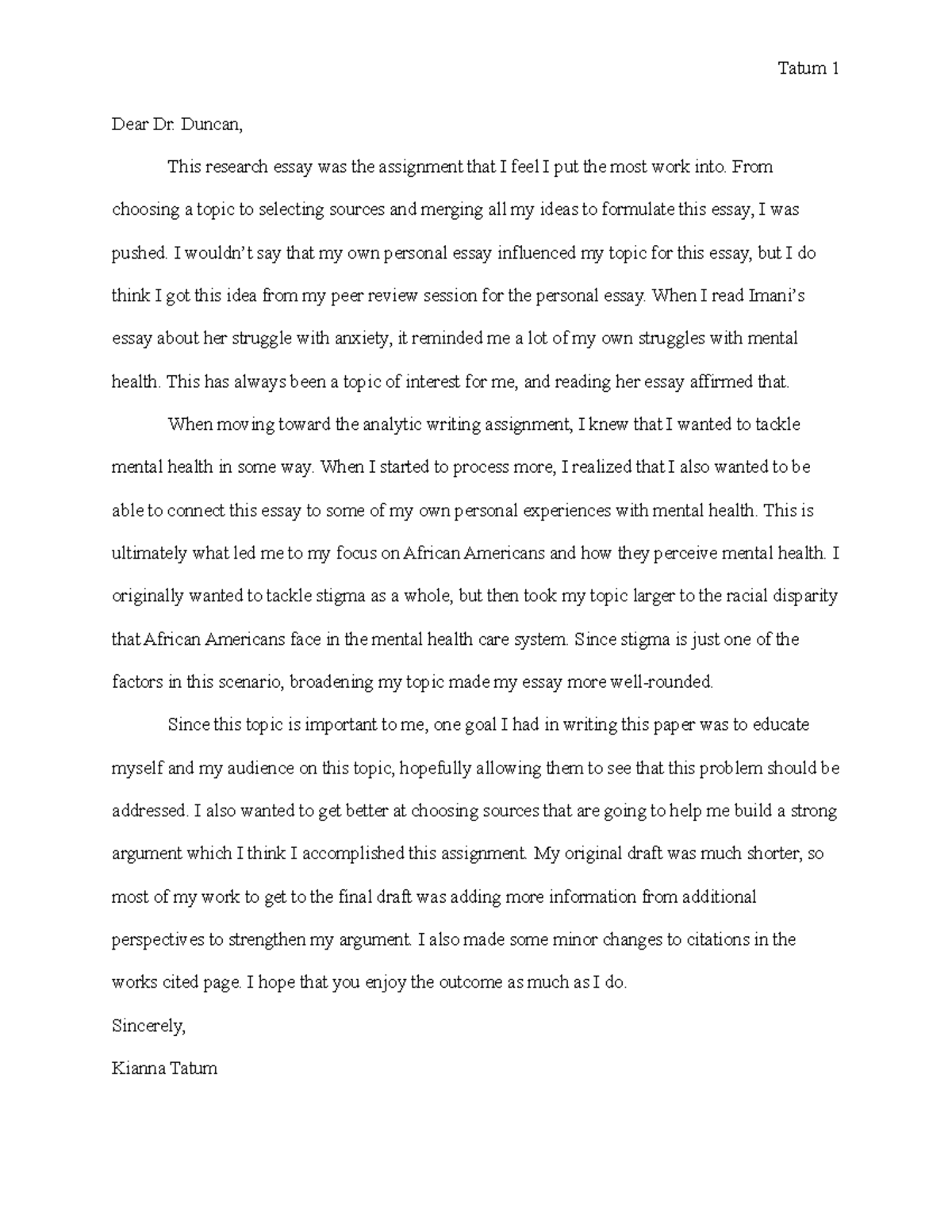 Research Essay - Professor: Heather Duncan - Dear Dr. Duncan, This ...