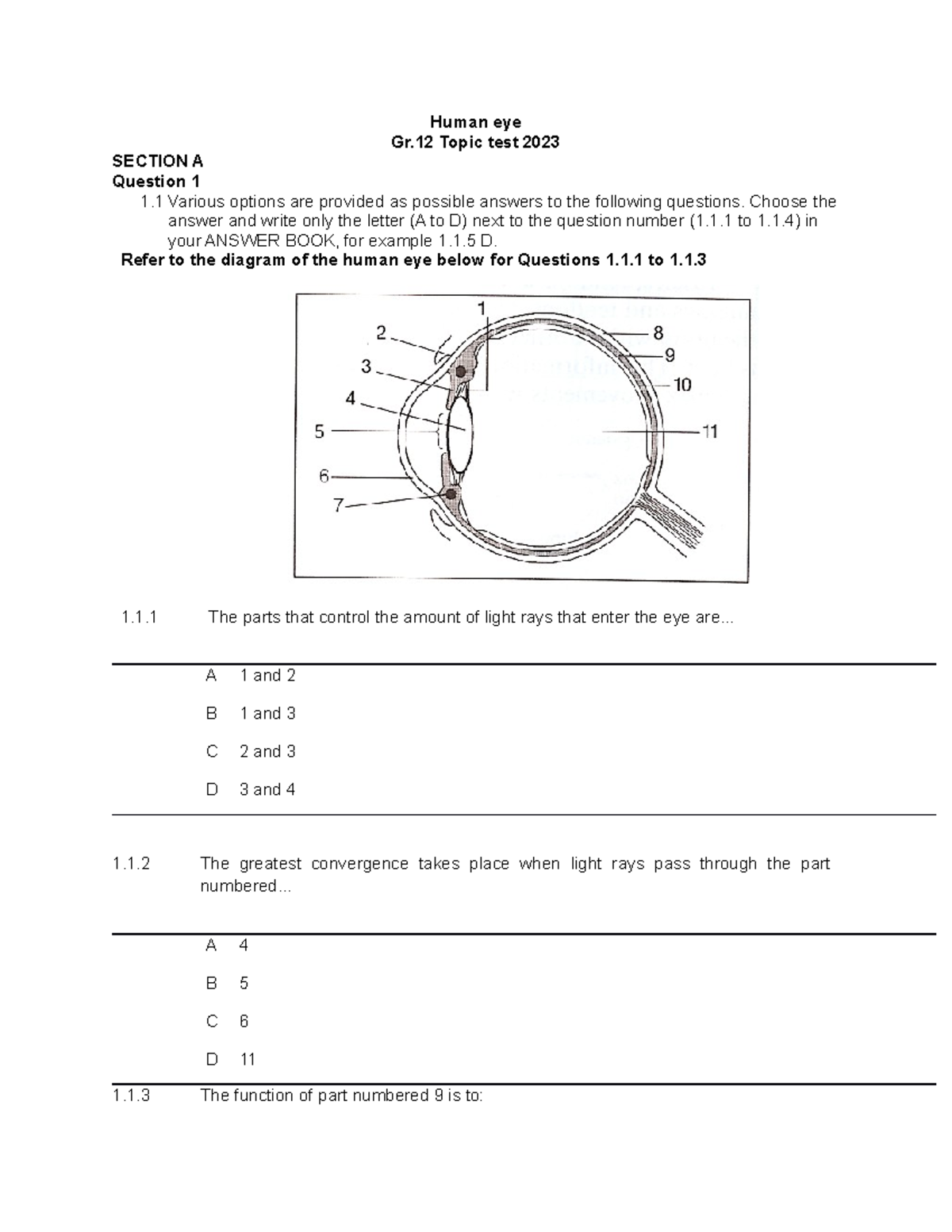 Human eye Topic test 2023 - Human eye Gr Topic test 2023 SECTION A ...