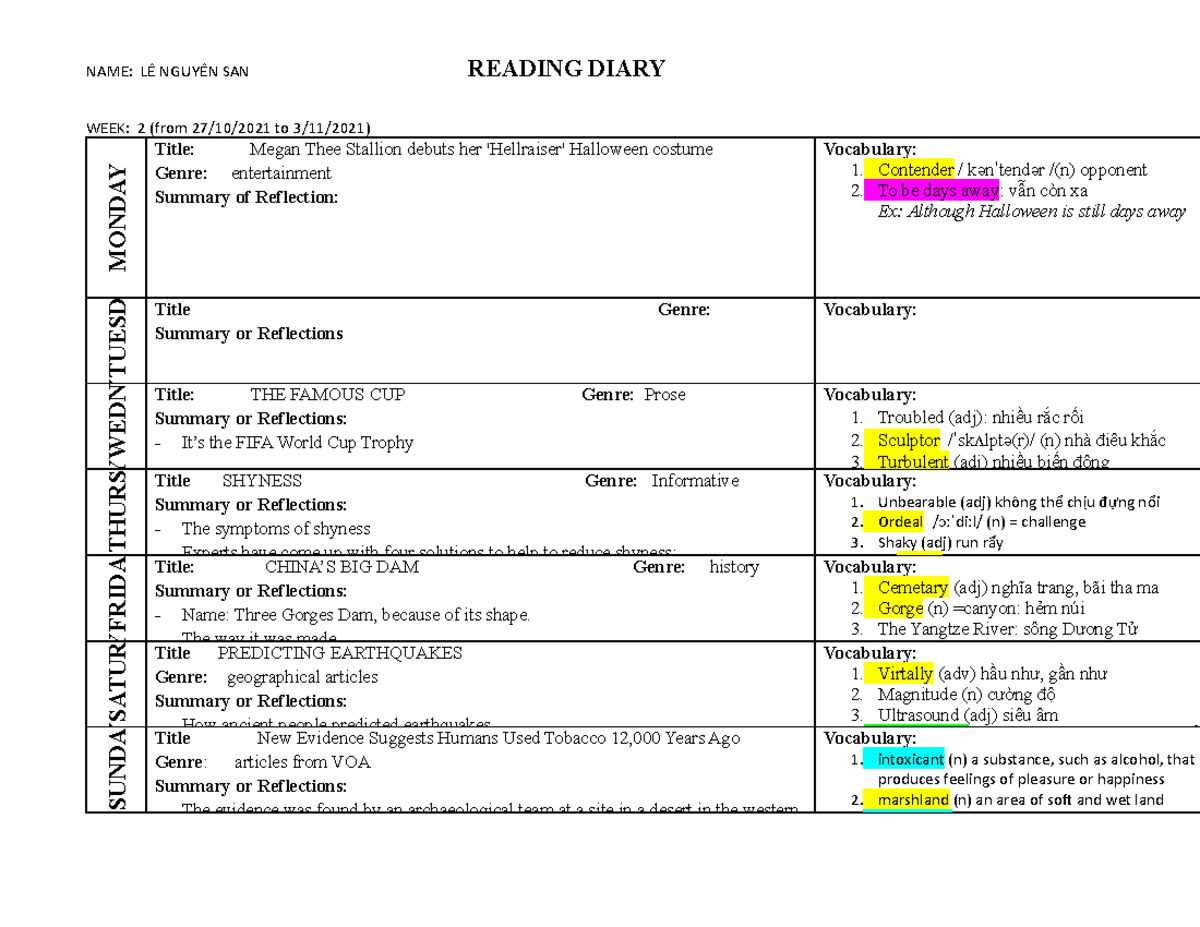 Reading Diary of first year university student - WEEK: 2 (from 27/10 ...