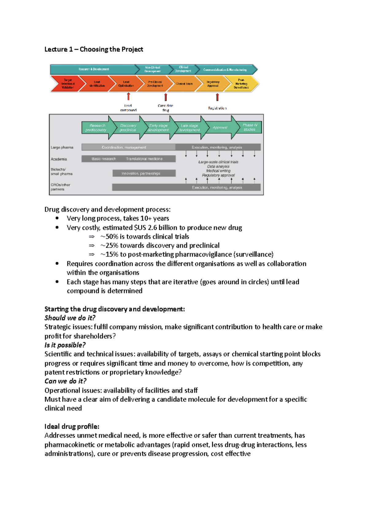PHAR3101 Lecture 1 Notes - Lecture 1 – Choosing the Project Drug ...