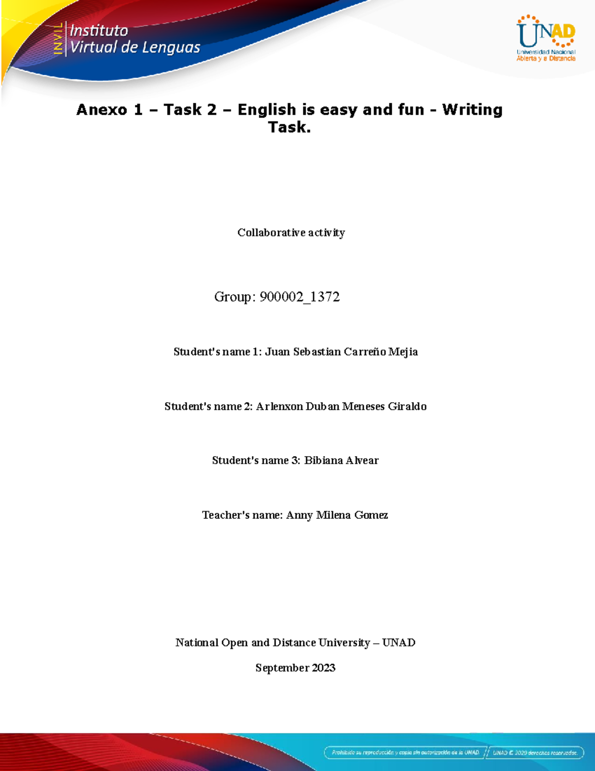 Anexo 1 – Task 2 - English is easy and fun. Writing Task - Anexo 1 – Task 2 – English is easy ...