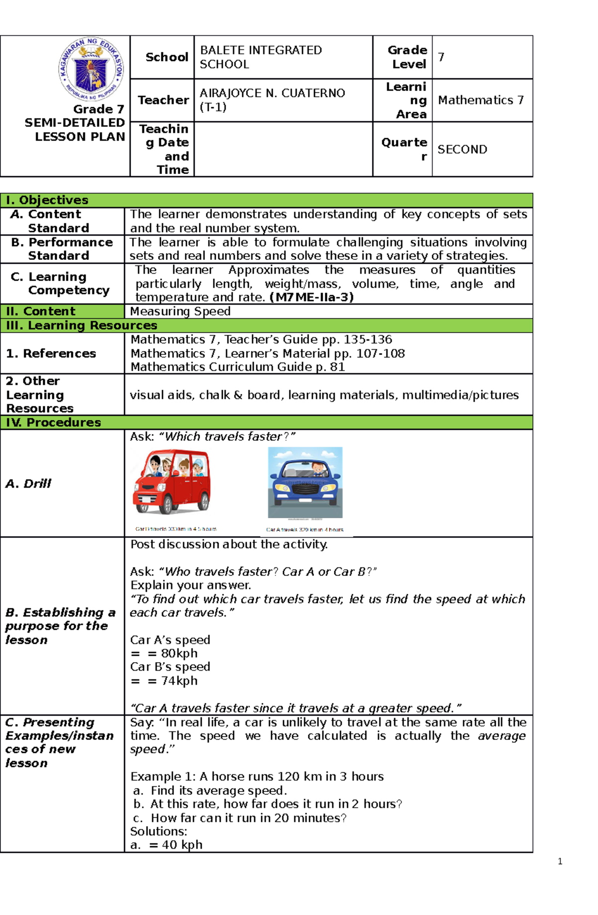 Grade 7 SEMI Detailed Lesson PLAN - Grade 7 SEMI-DETAILED LESSON PLAN ...