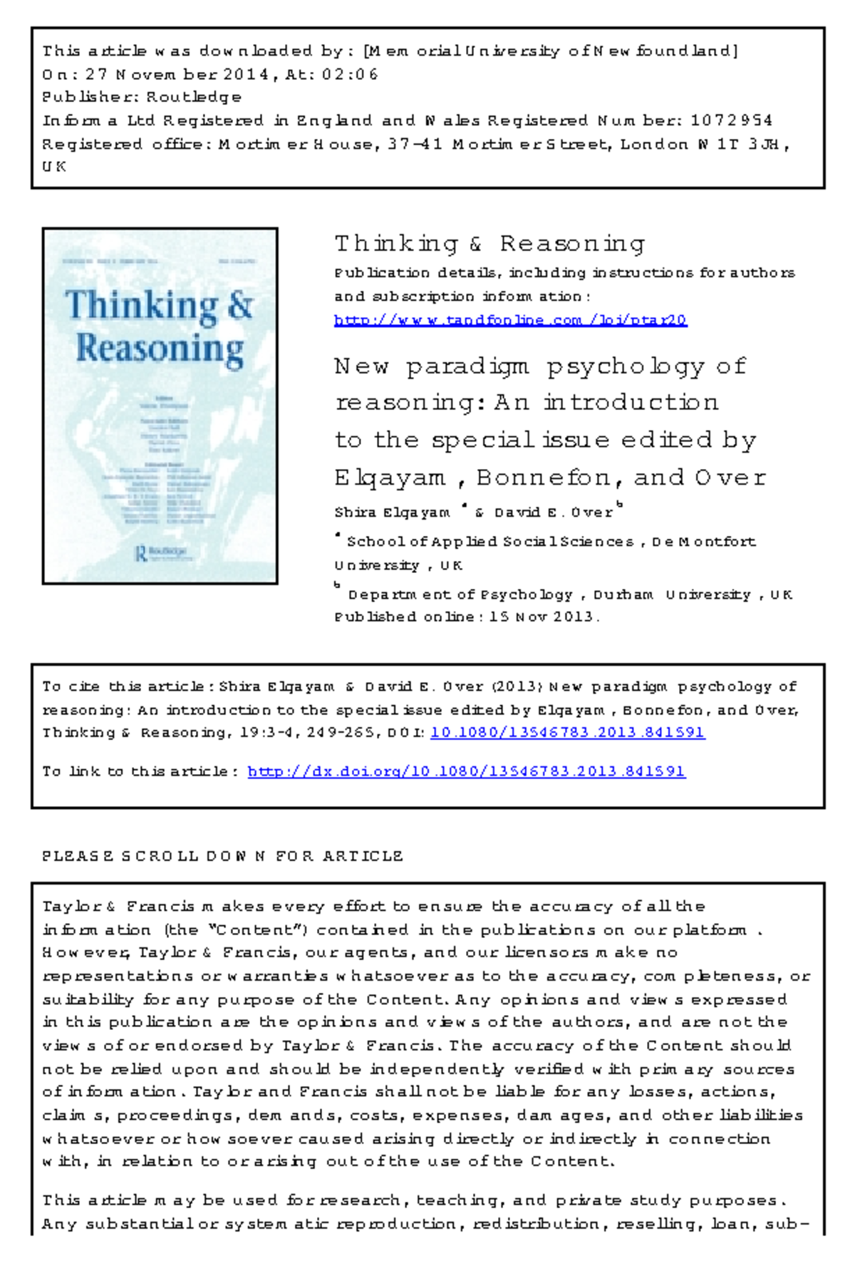 13546783 - New paradigm psychology of reasoning: An introduction to the ...
