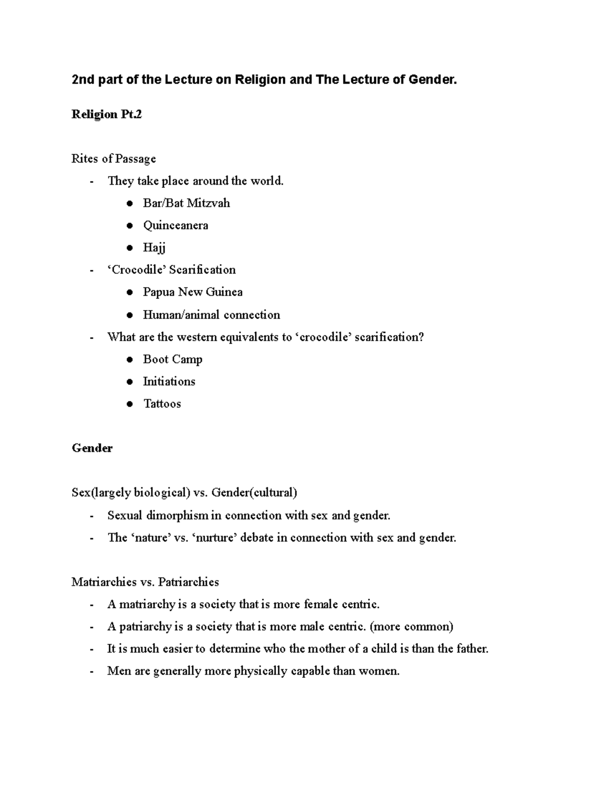 2nd part of the Lecture on Religion and The Lecture of Gender - ANT 150 ...