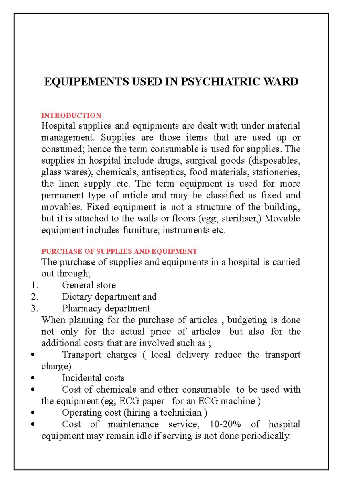 Equipments - Nursing management - EQUIPEMENTS USED IN PSYCHIATRIC WARD ...