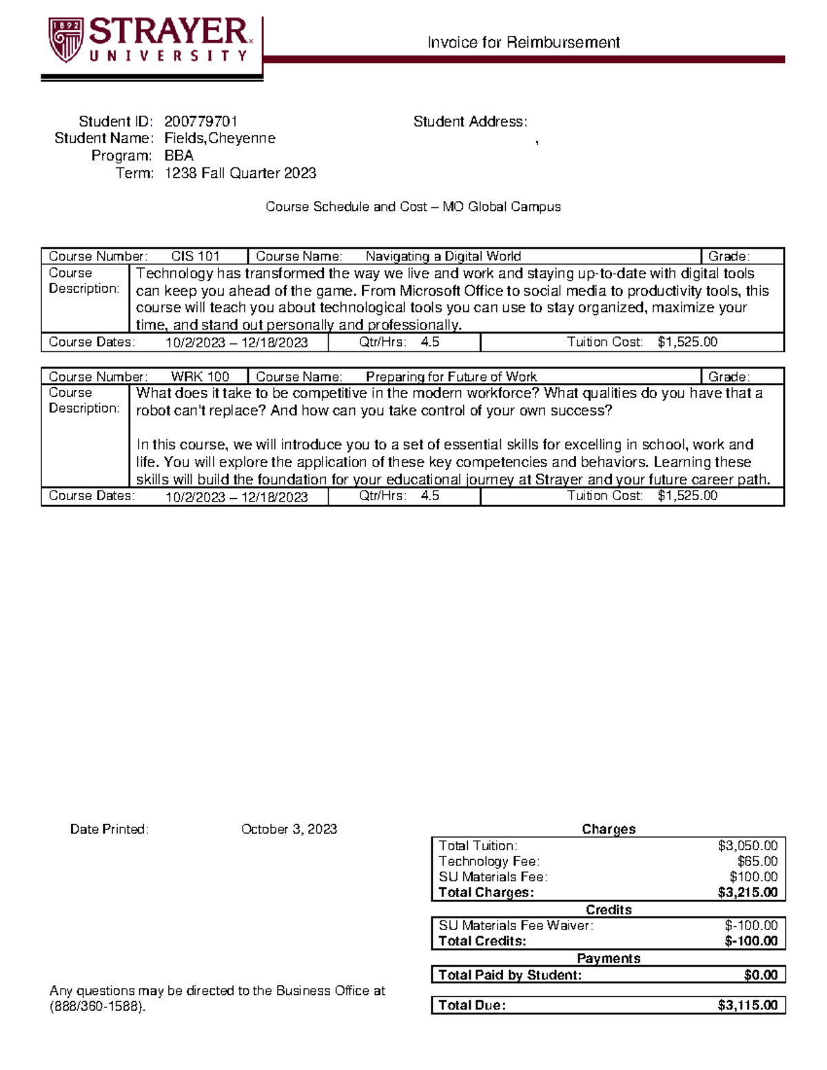 2007 79701-Reimbursement Invoice-1238 - Invoice for Reimbursement ...