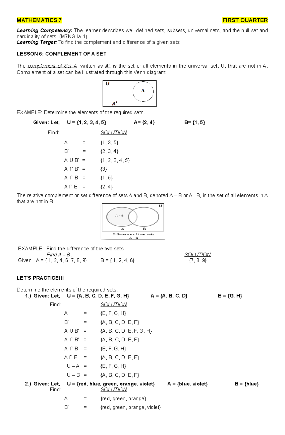 MATH7 First Quarter Lesson 5 - MATHEMATICS 7 FIRST QUARTER Learning ...
