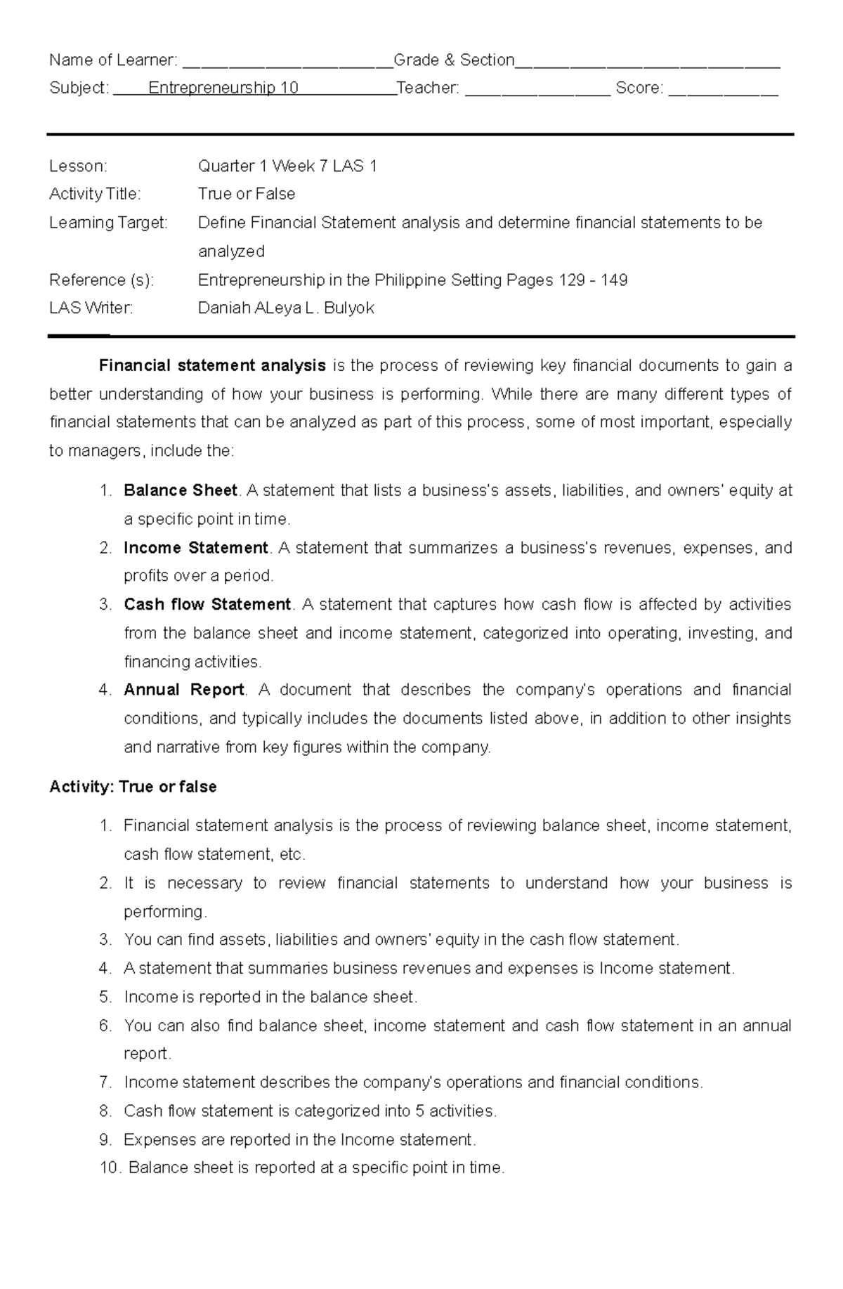 Entrep 10 Q1 W7 - las - Name of Learner: Grade & Section______ Subject ...