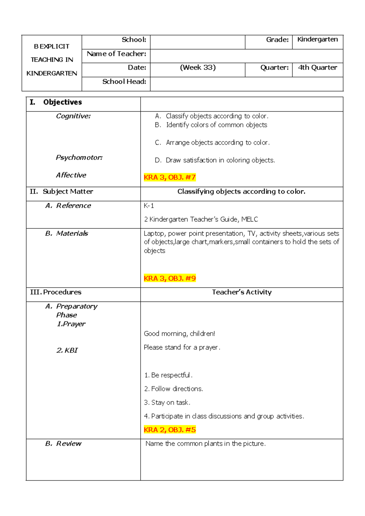 COT WEEK 33 Lesson Plan - materials and answer sheet for children - B ...