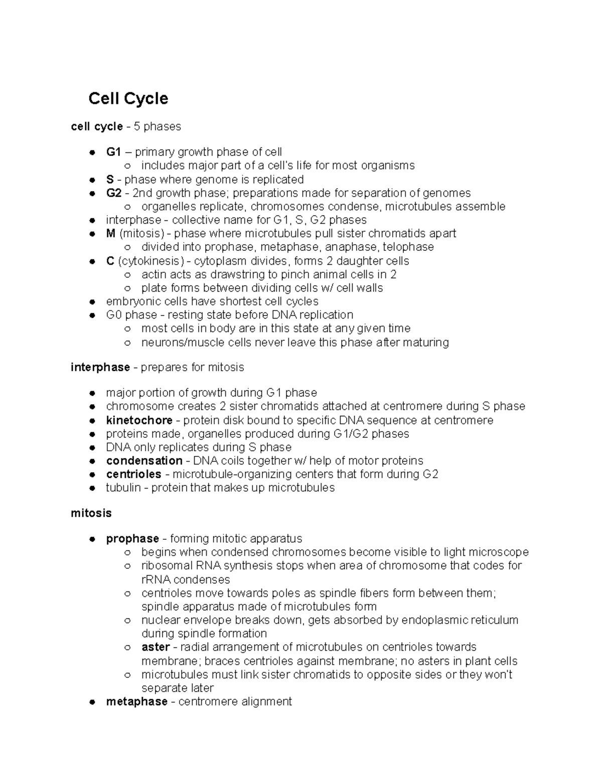Biology notes 10 - Cell Cycle cell cycle - 5 phases G1 – primary growth ...