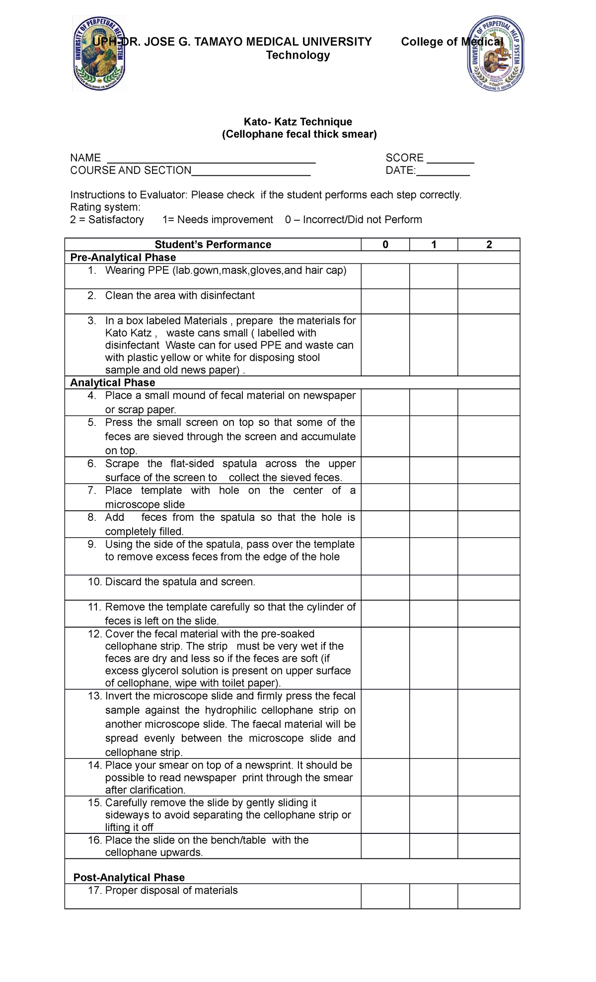 Rubrics FOR KATO KATZ Method - UPH-DR. JOSE G. TAMAYO MEDICAL ...