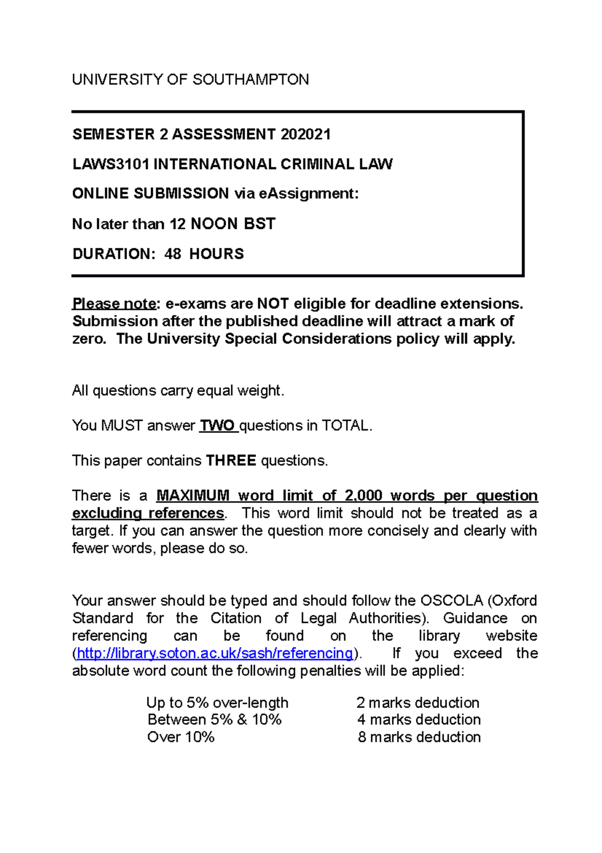 LAWS3101 Exam Questions - UNIVERSITY OF SOUTHAMPTON SEMESTER 2 ...
