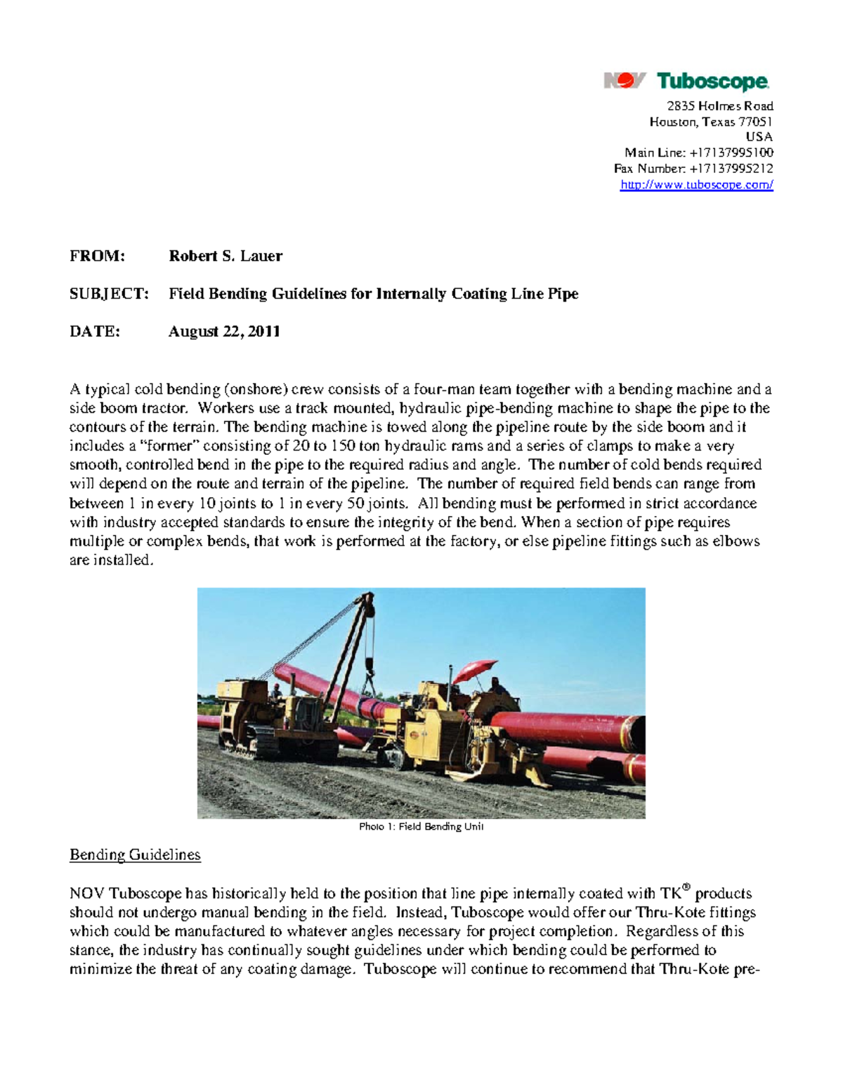 4.Tuboscope Field Bending Recommendations rev 1 - 2835 Holmes Road ...