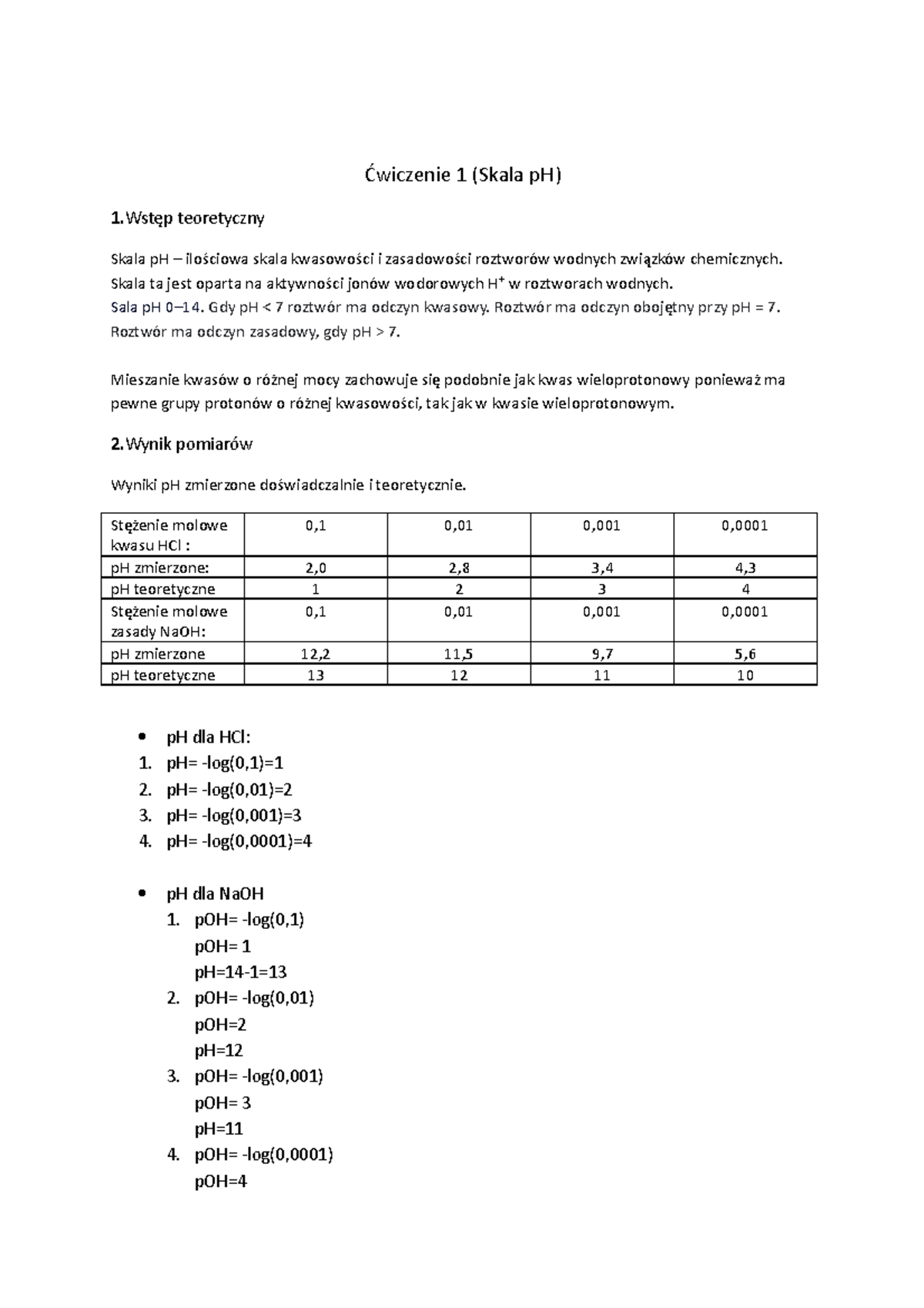 Ćw 1 - Skala ph - Ćwiczenie 1 (Skala pH) 1ęp teoretyczny Skala pH – ilościowa skala kwasowości i ...