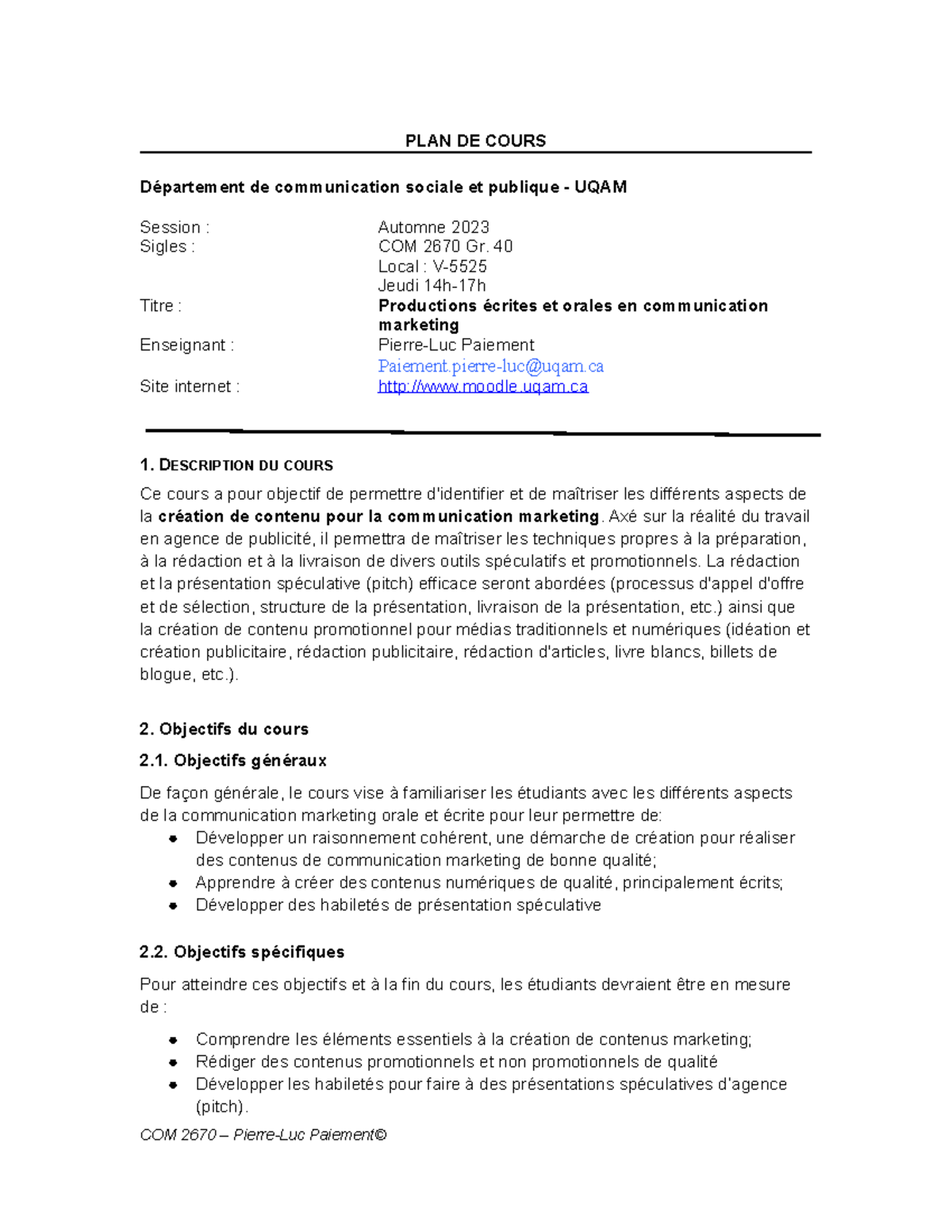 Plan de cours - 2670 2023 - PLAN DE COURS Département de communication sociale et publique ...