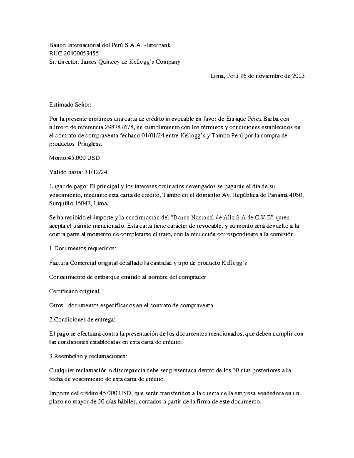 Carta Credito Pringless - Banco Internacional del Perú S.A. - Interbank ...