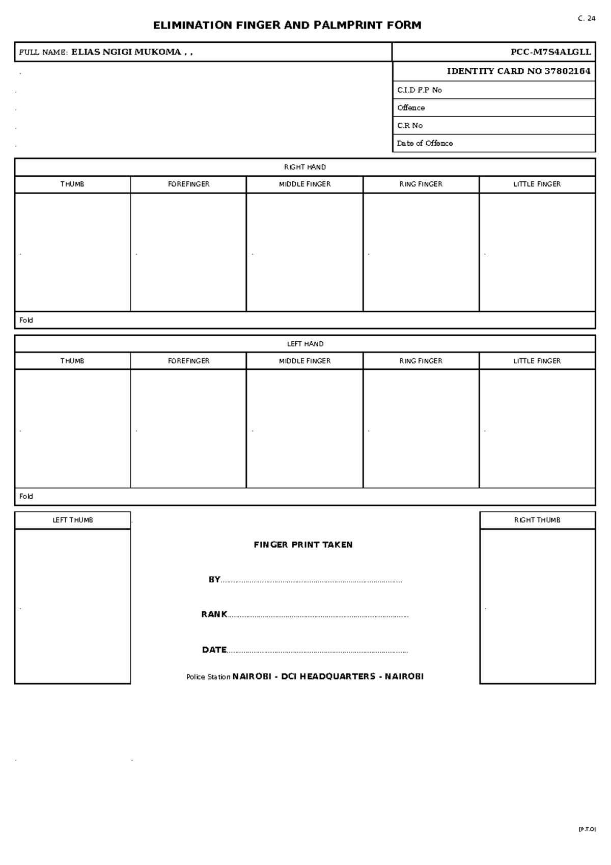 PCC-M7S4 Algll-C24 Finger AND PALM Print FORM - ELIMINATION FINGER AND ...