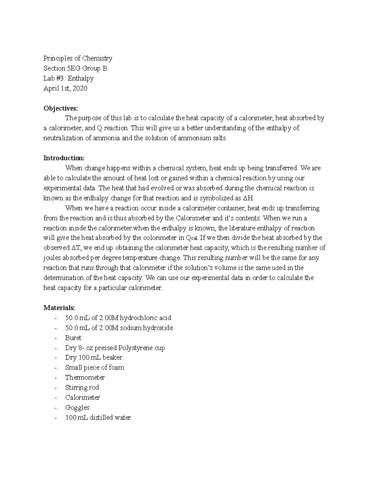Lab 3 Enthalpy of Neutralization of Ammonia and Solution of Ammonium ...
