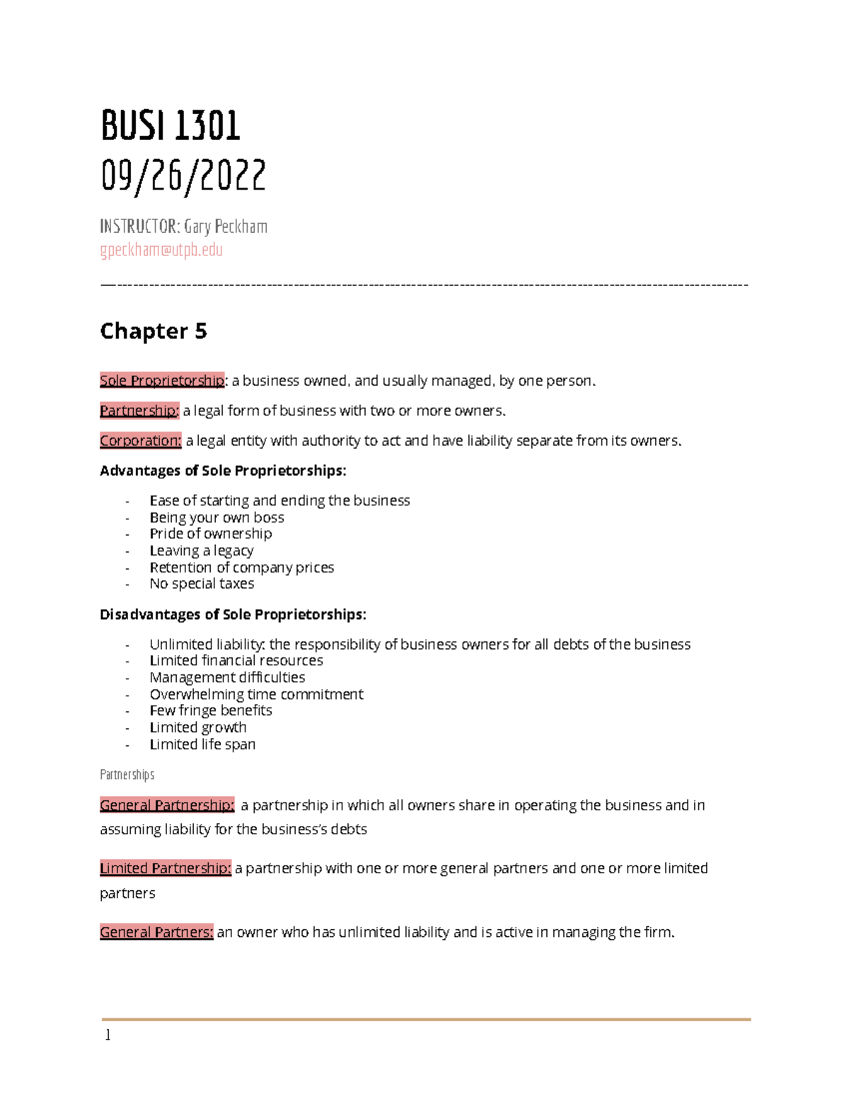 Class notes - BUSI 1301 09/26/ INSTRUCTOR: Gary Peckham gpeckham@utpb ...