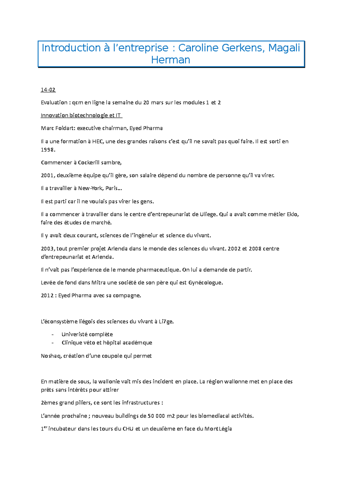 Intro à l'entreprise - entreprise - Introduction à l’entreprise : Caroline Gerkens, Magali ...