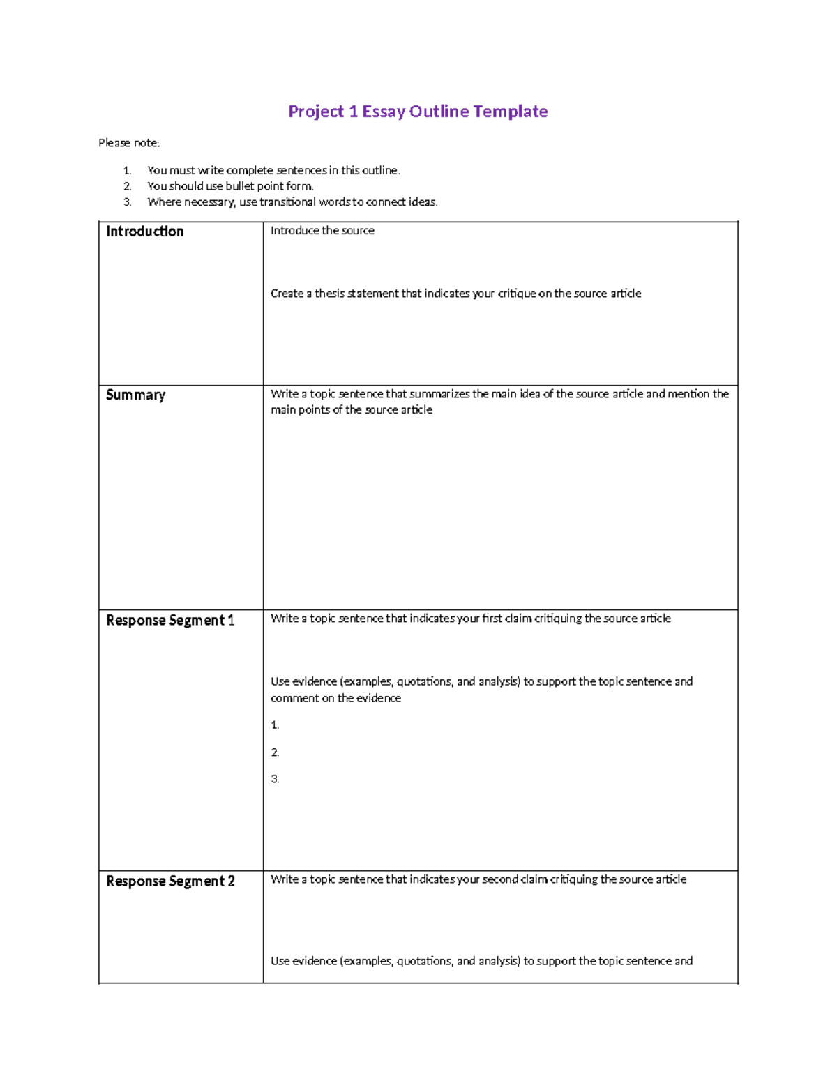 Project 1 Essay Outline Template - Project 1 Essay Outline Template ...