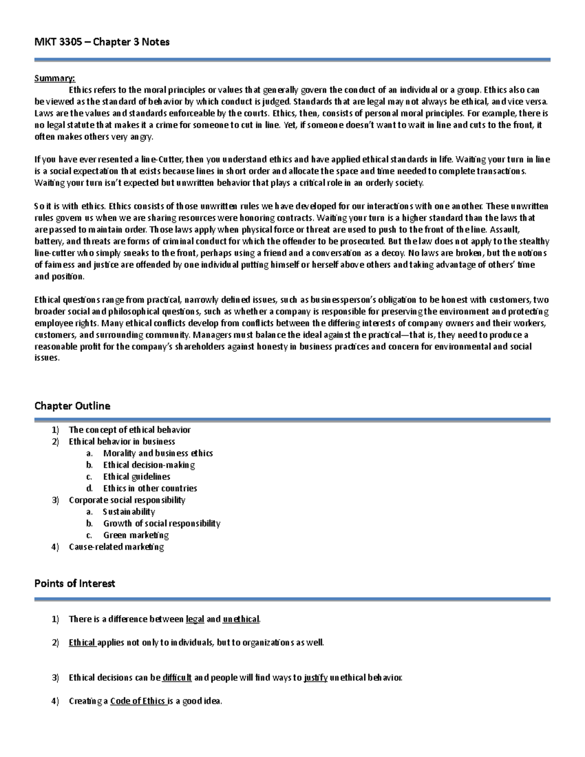 Chapter 3 Notes - MKT 3305 - MKT 3305 – Chapter 3 Notes Summary: Ethics ...