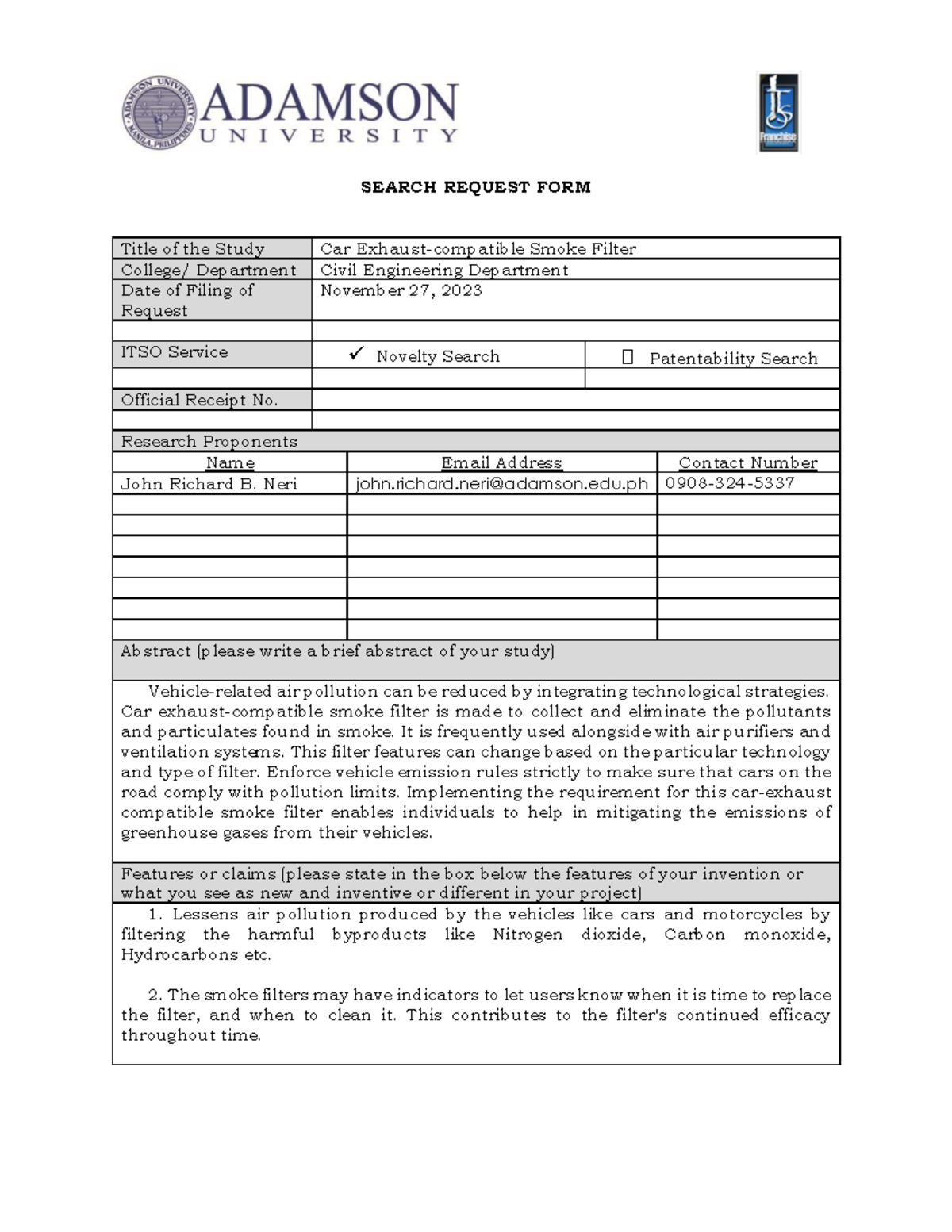 Patent Activity - SEARCH REQUEST FORM Title of the Study Car Exhaust ...