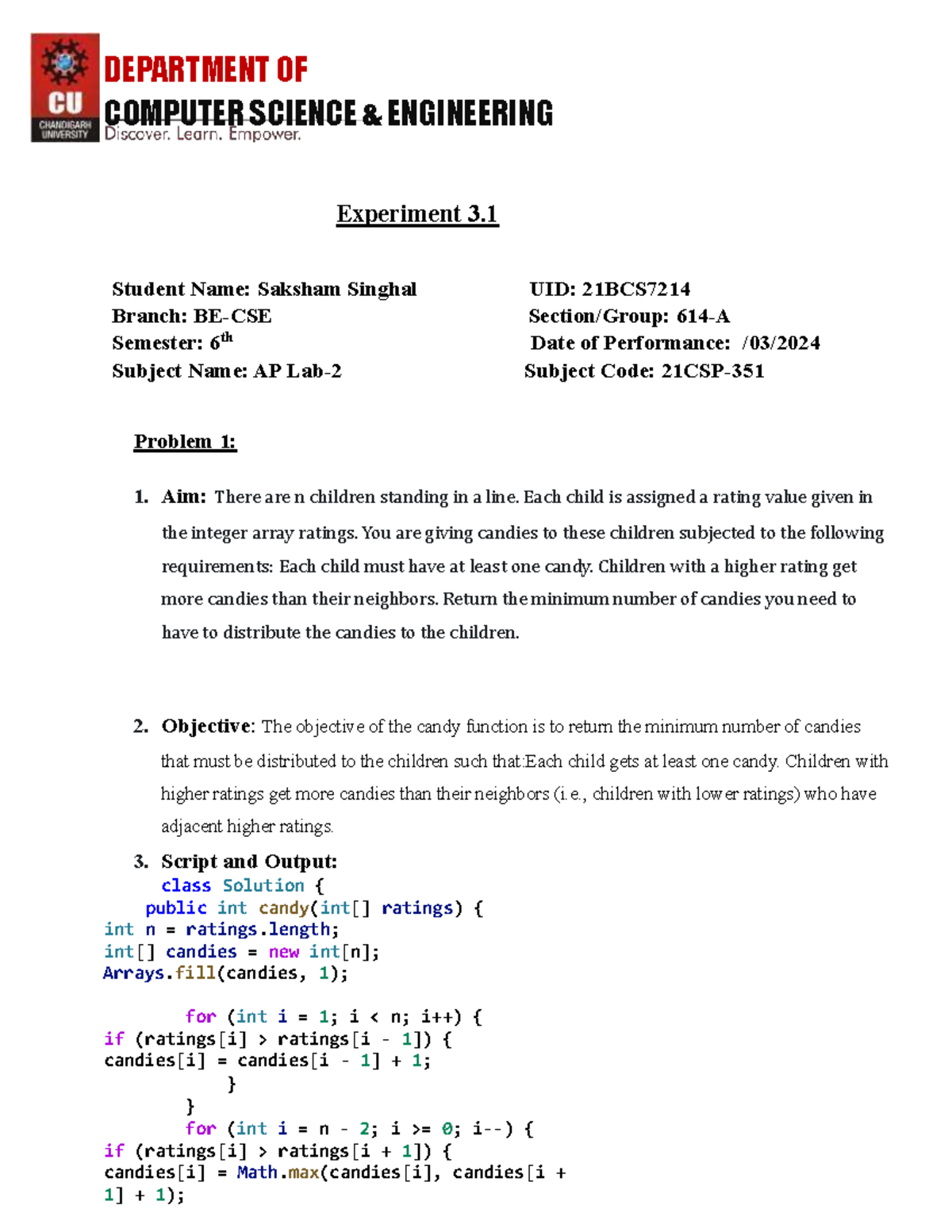 3.1111111 apppppp saksh M - COMPUTER SCIENCE & ENGINEERING Experiment 3. Student Name: Saksham ...