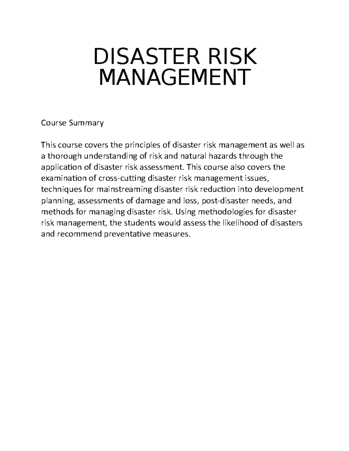 DRM-Part1 - Disaster Risk Management - DISASTER RISK MANAGEMENT Course ...