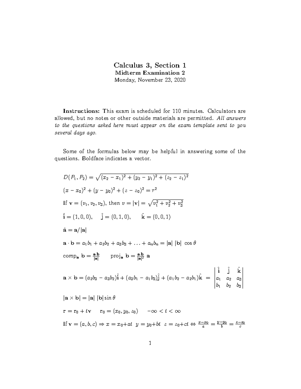 Midterm 2 Exam - pmt2 - Calculus 3, Section 1 Midterm Examination 2 Monday, November 23, 2020 ...