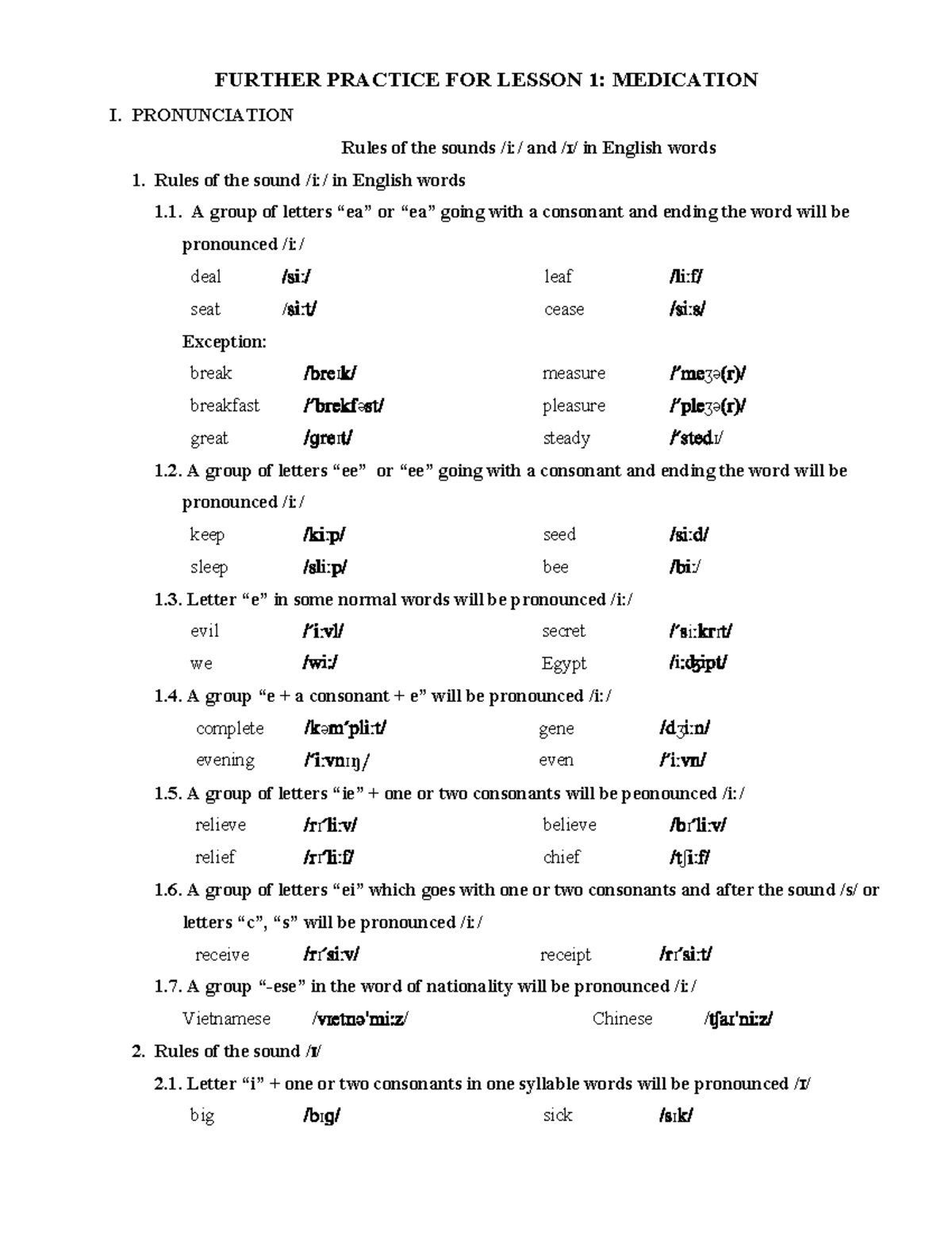 U14-Medication-Homework - FURTHER PRACTICE FOR LESSON 1: MEDICATION I ...