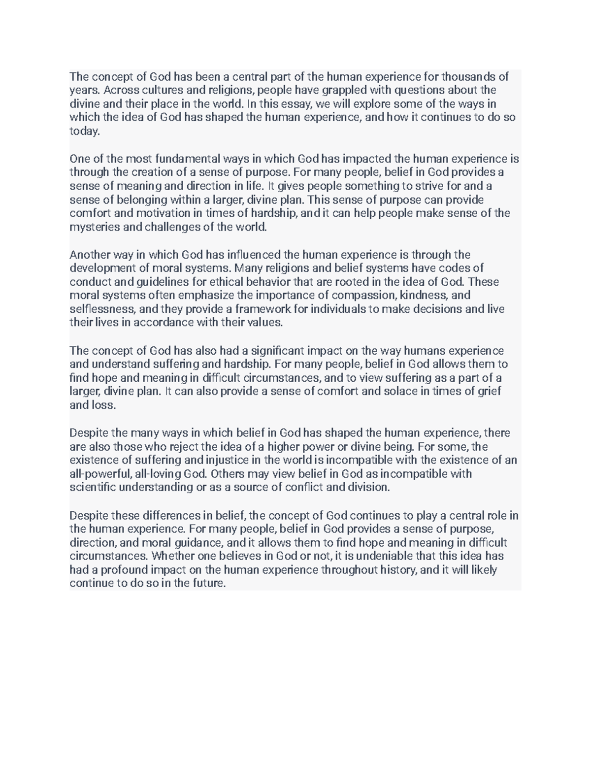 Final paper- God And The Human Experience - The concept of God has been ...