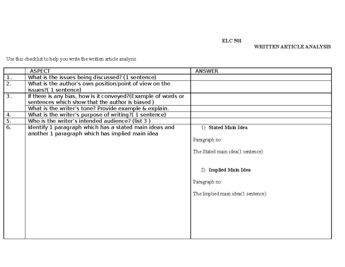 Written Article Analysis Checklist ( Blank) - ELC 501 WRITTEN ARTICLE ...