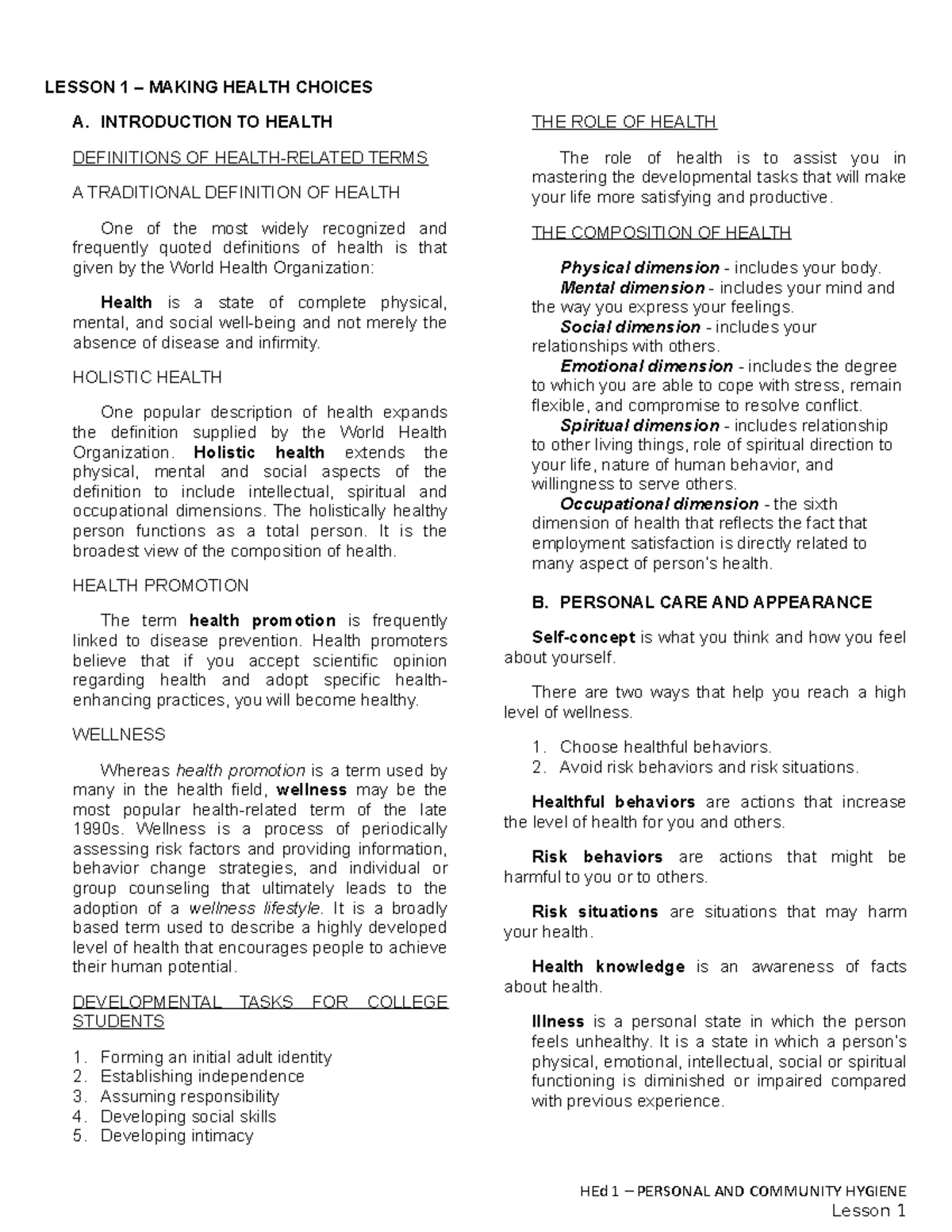 Lesson 1- Making Health Choices - LESSON 1 – MAKING HEALTH CHOICES A ...